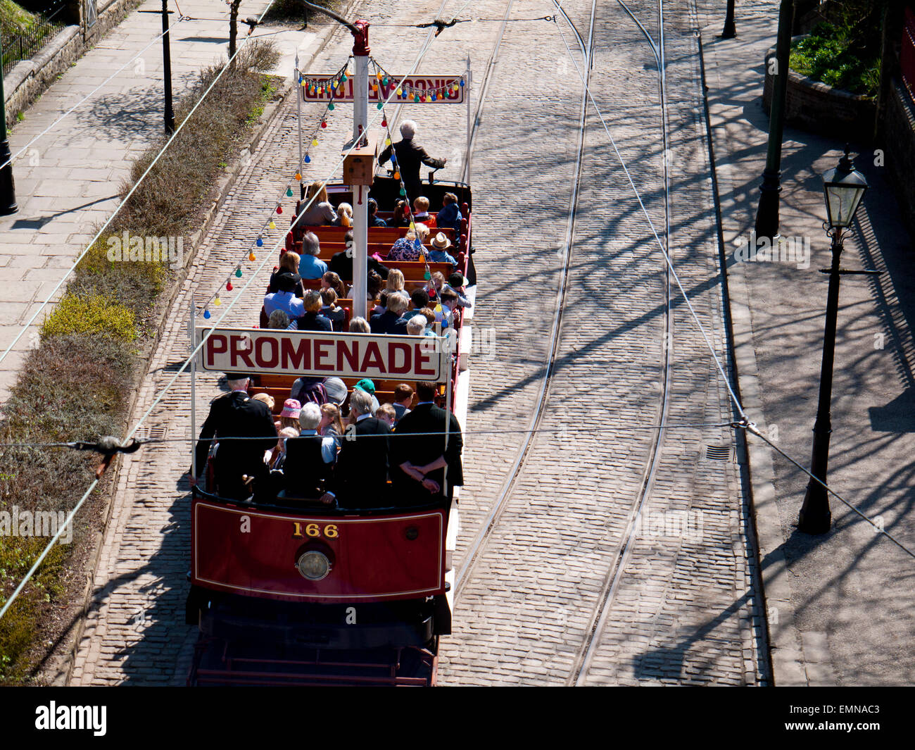 Promenade Tram with passengers at Crich Tram museum, Crich, Matlock ...