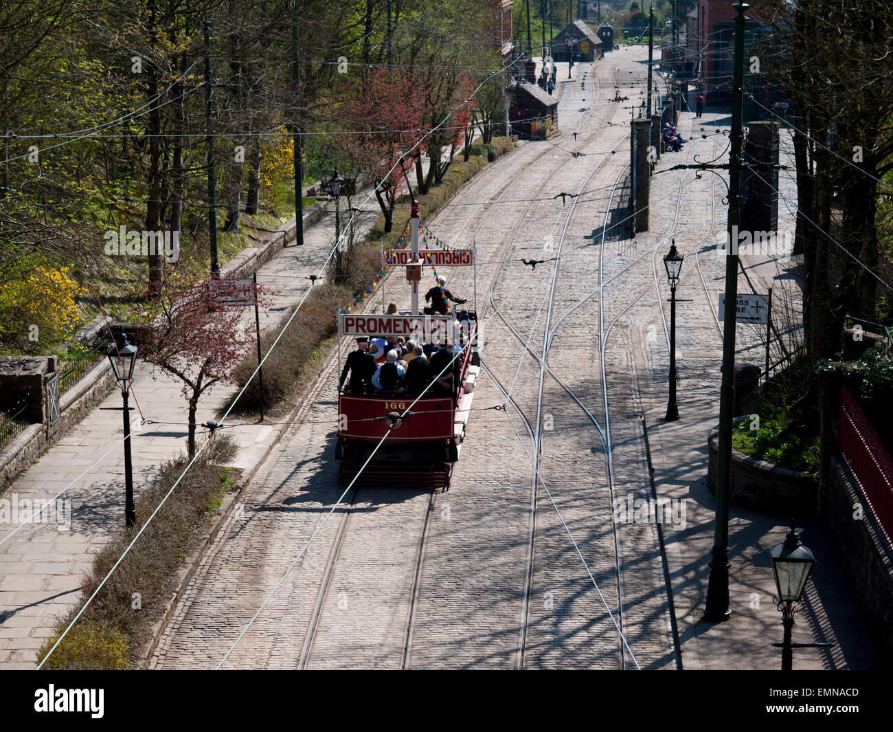 Promenade Tram with passengers at Crich Tram museum, Crich, Matlock ...