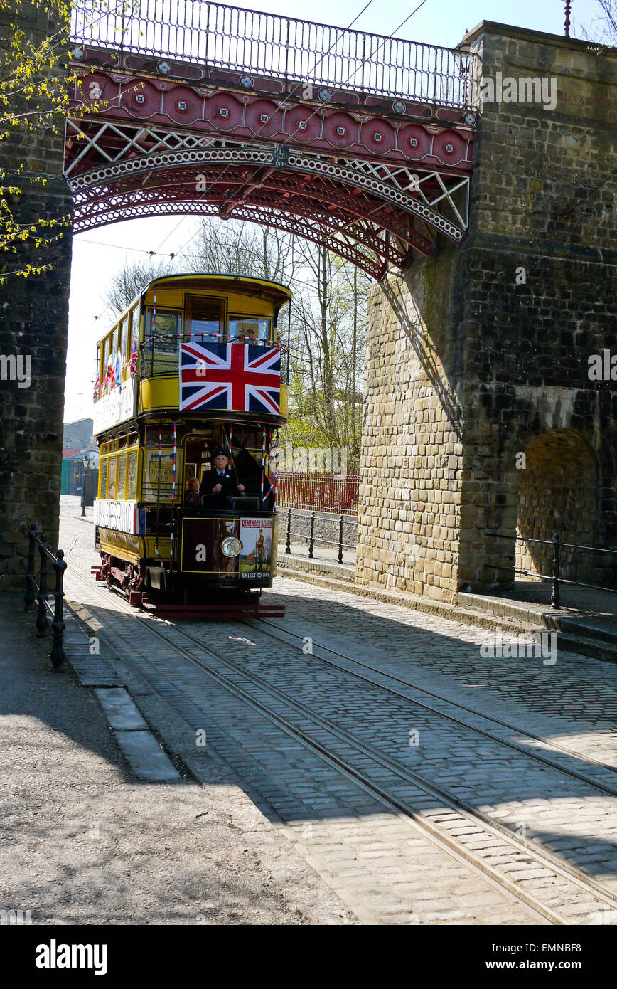 Vintage Tram going under the Bowes-Lyon Bidge at the Crich Tram Museum ...
