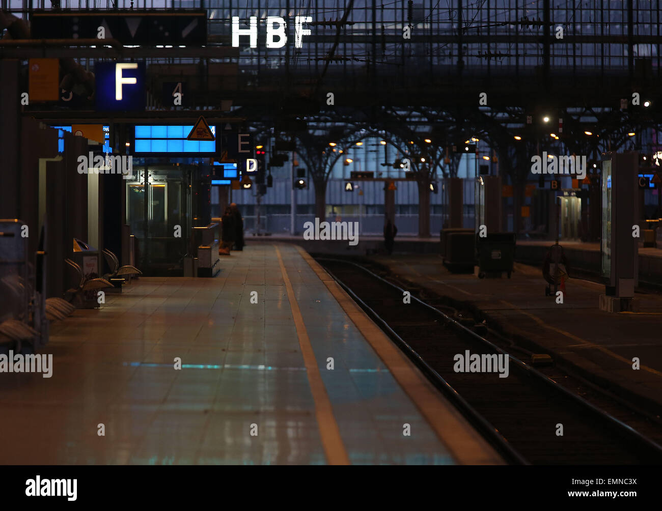 An empty destination board is pictured at a platform of the main ...