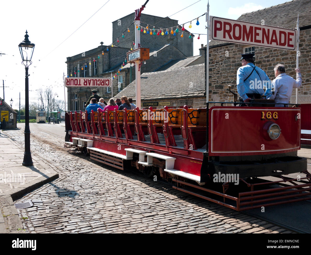 Promenade Tram with passengers at Crich Tram museum, Crich, Matlock ...