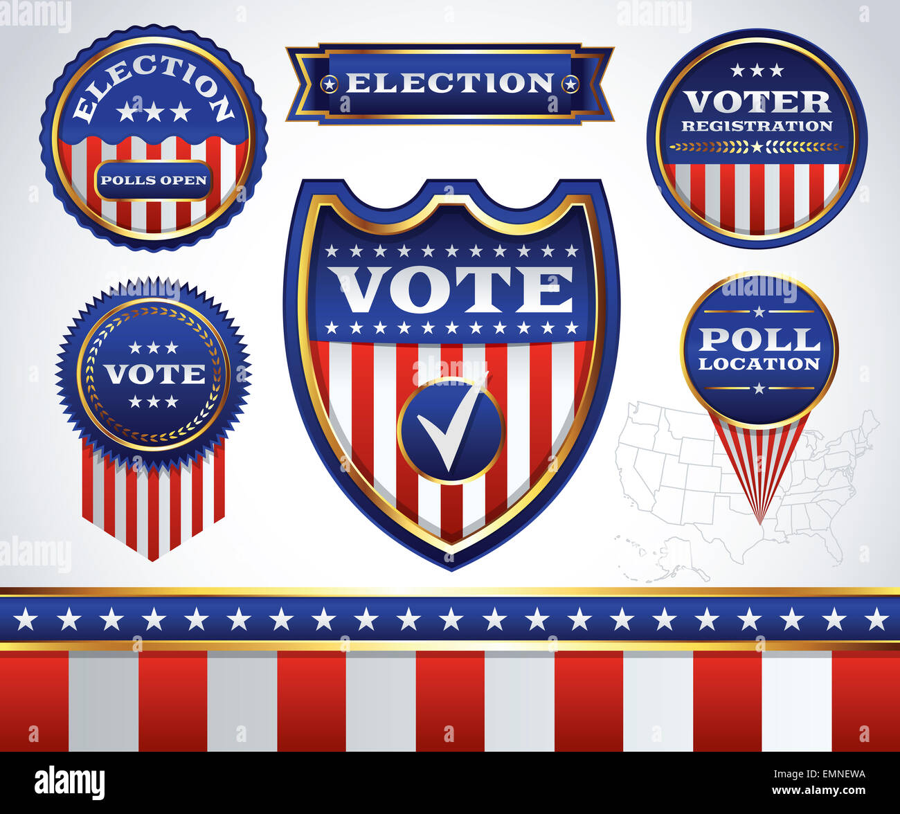 An illustrated set of American election and voting badges, icons, and ...