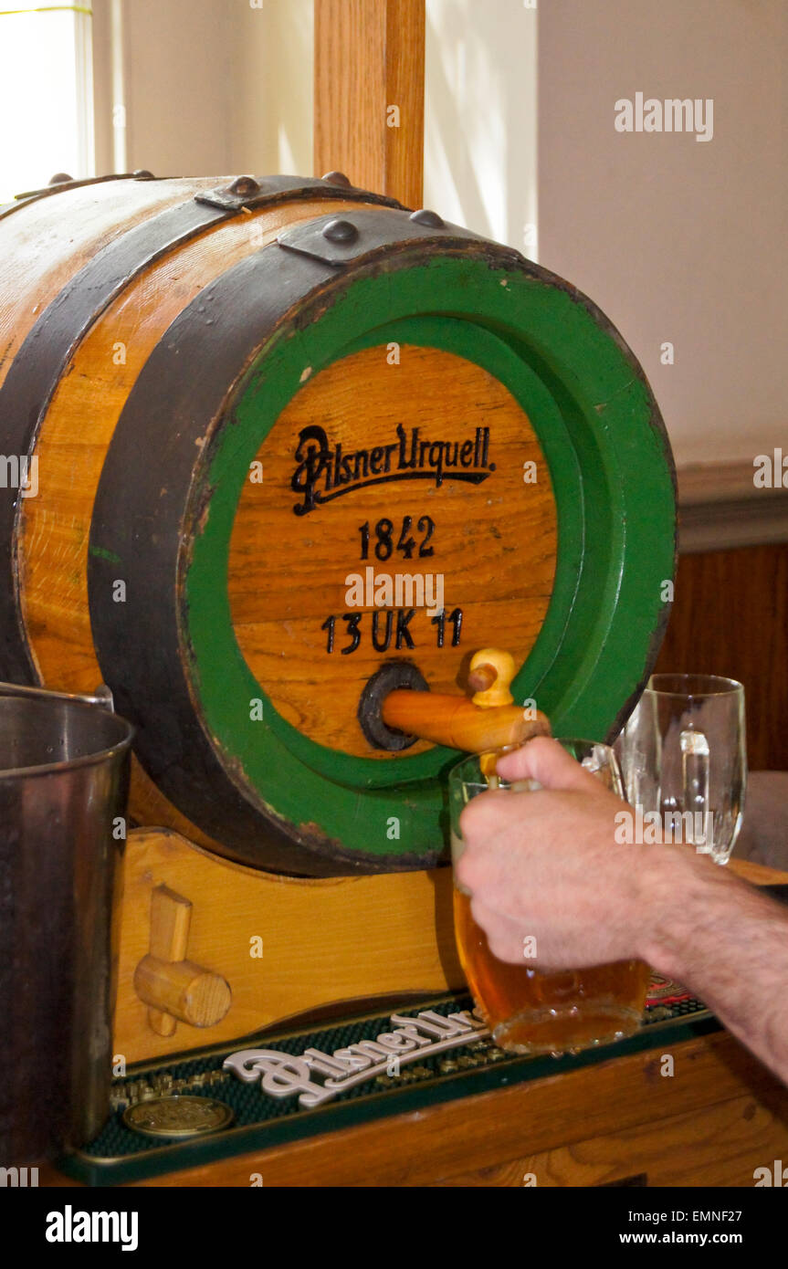 Pilsner Urquell being poured at a Wooden Barrel event, lager served ...