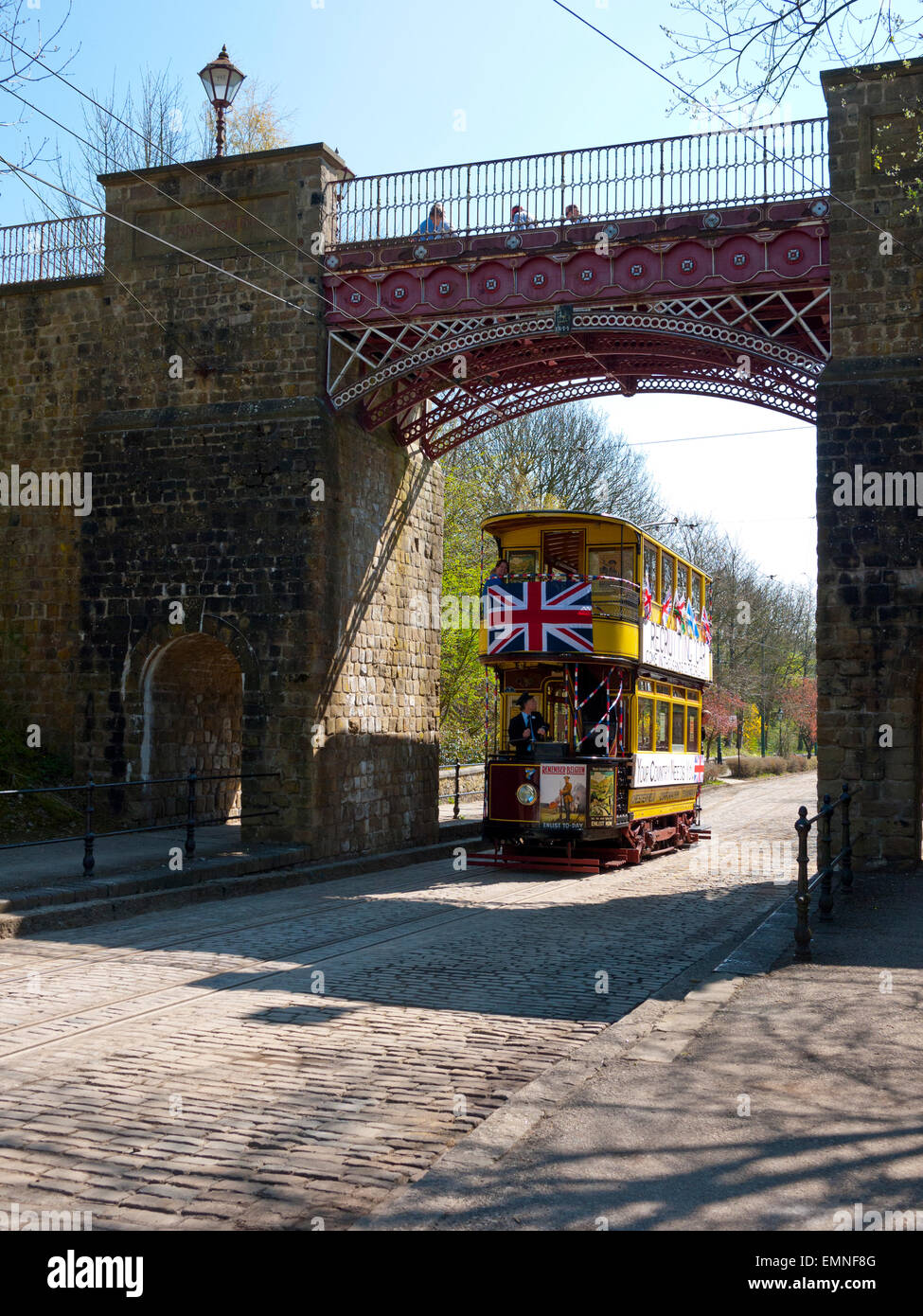 Vintage Tram going under the Bowes-Lyon Bidge at the Crich Tram Museum ...