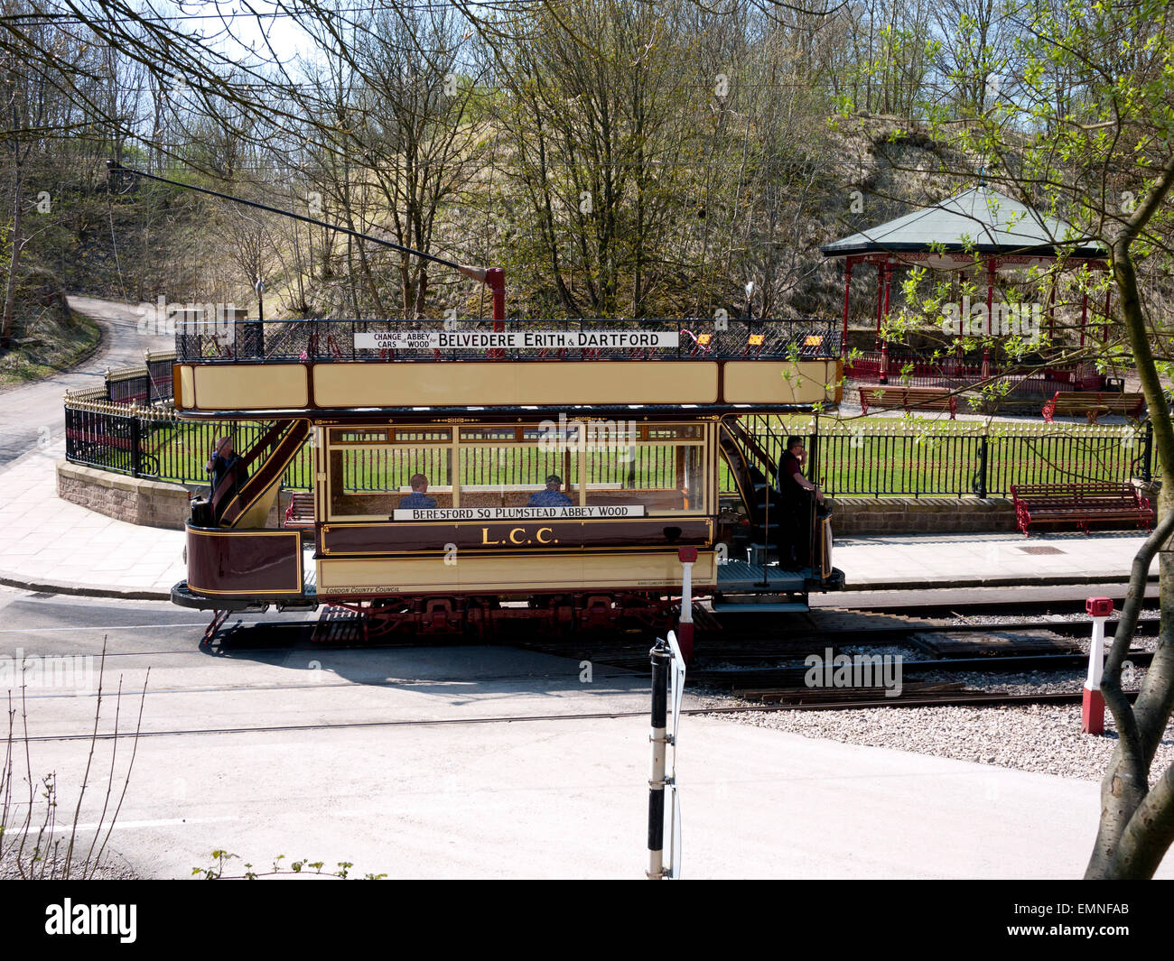 Tram in action at the Crich Tram Museum, Crich, Matlock, Derbyshire, UK ...