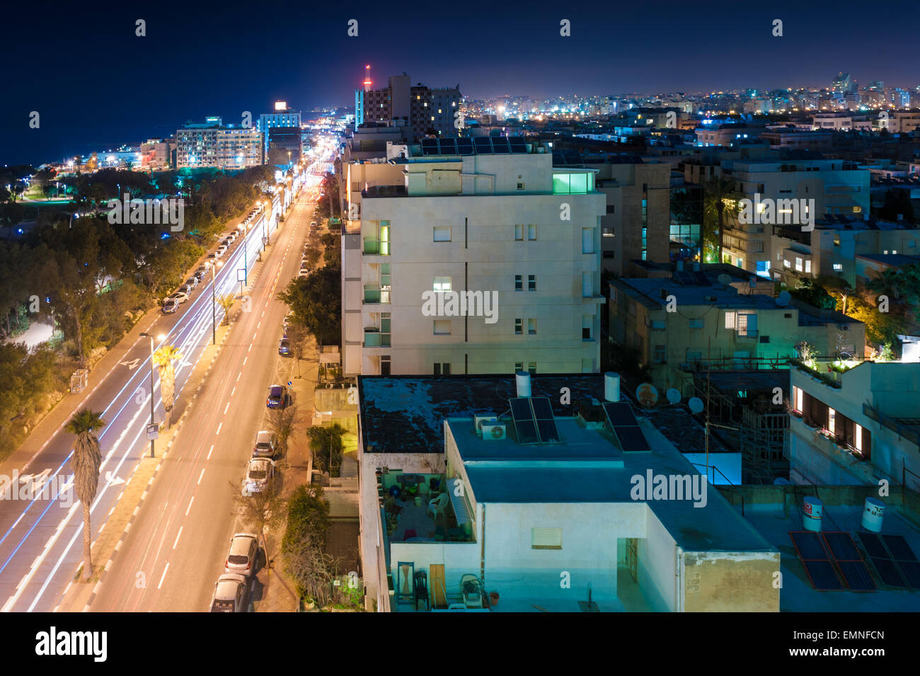 Night scene of Rehov Ha-Yarkon Stock Photo - Alamy