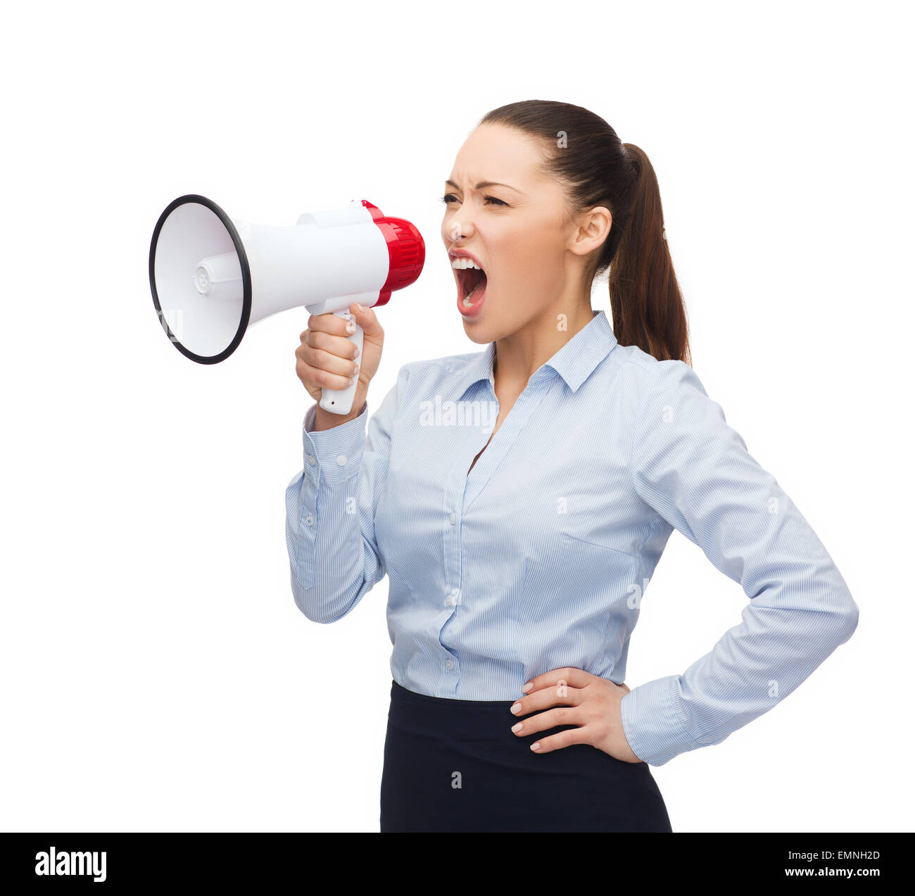 screaming businesswoman with megaphone Stock Photo - Alamy