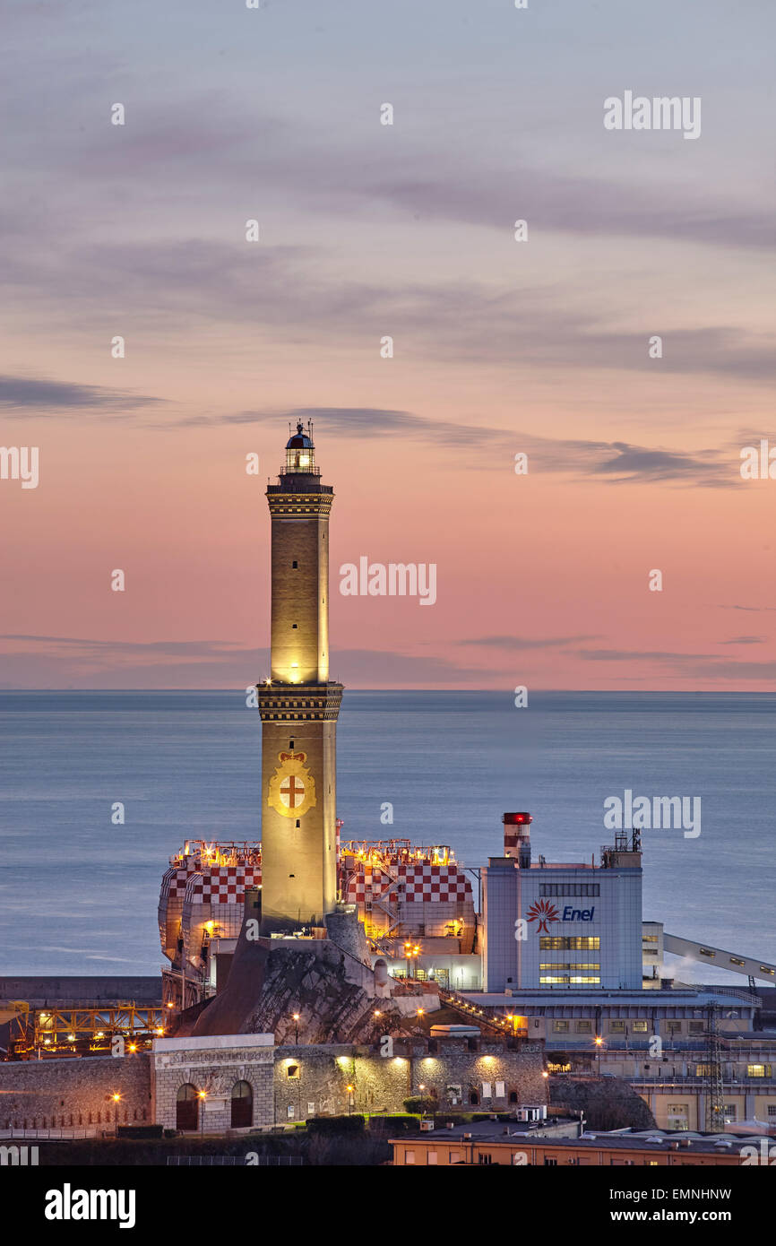 sunset in genoa, his harbor, and lighthouse named lanterna Stock Photo ...