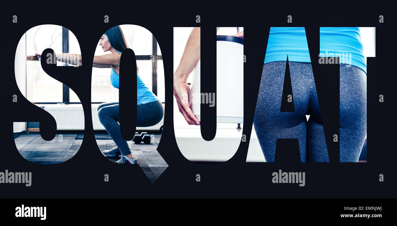 Conceptual collage of sports photos in the form of the word squat Stock ...