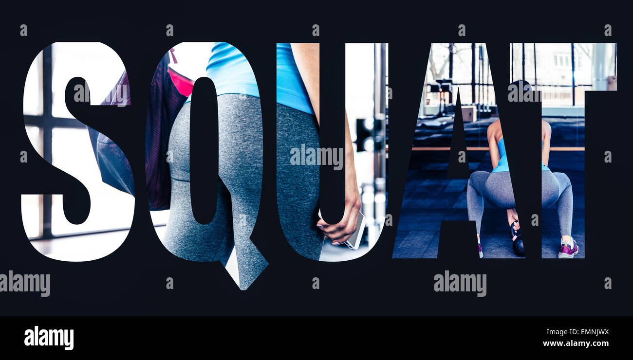Conceptual collage of sports photos in the form of the word squat Stock ...