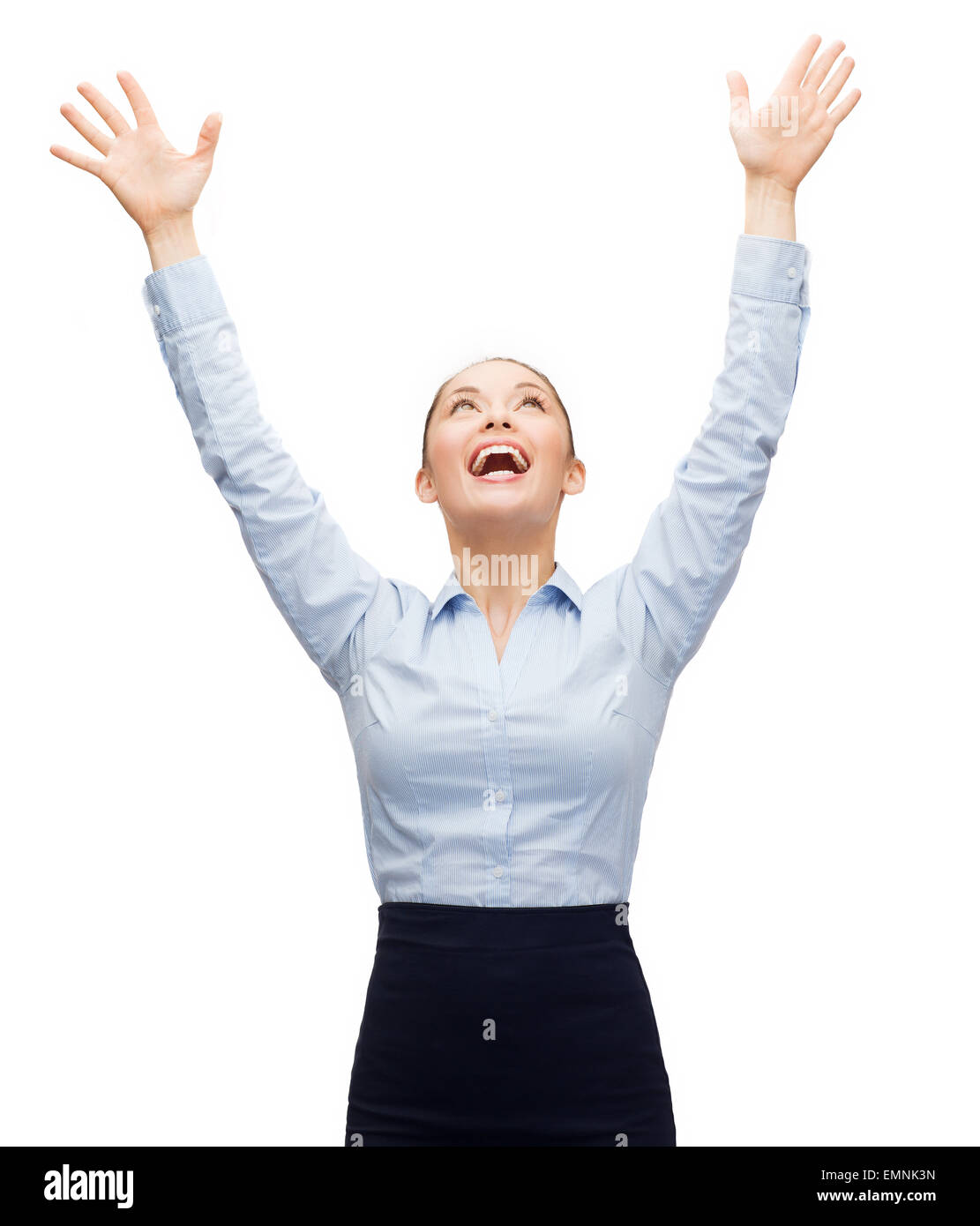 laughing businesswoman waving hands Stock Photo - Alamy