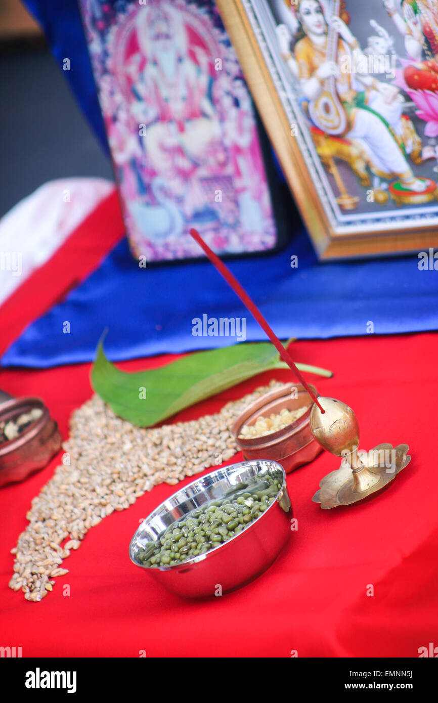 Hindu religion items ready for ritual of Mother Earth before building ...