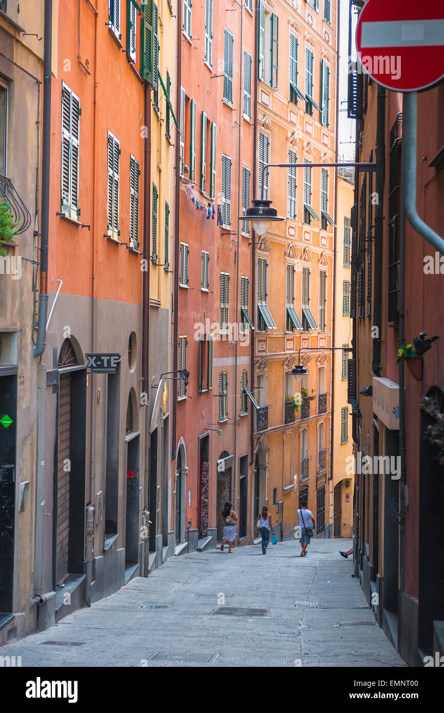 Genoa old town, view of a typical narrow street in the medieval heart ...