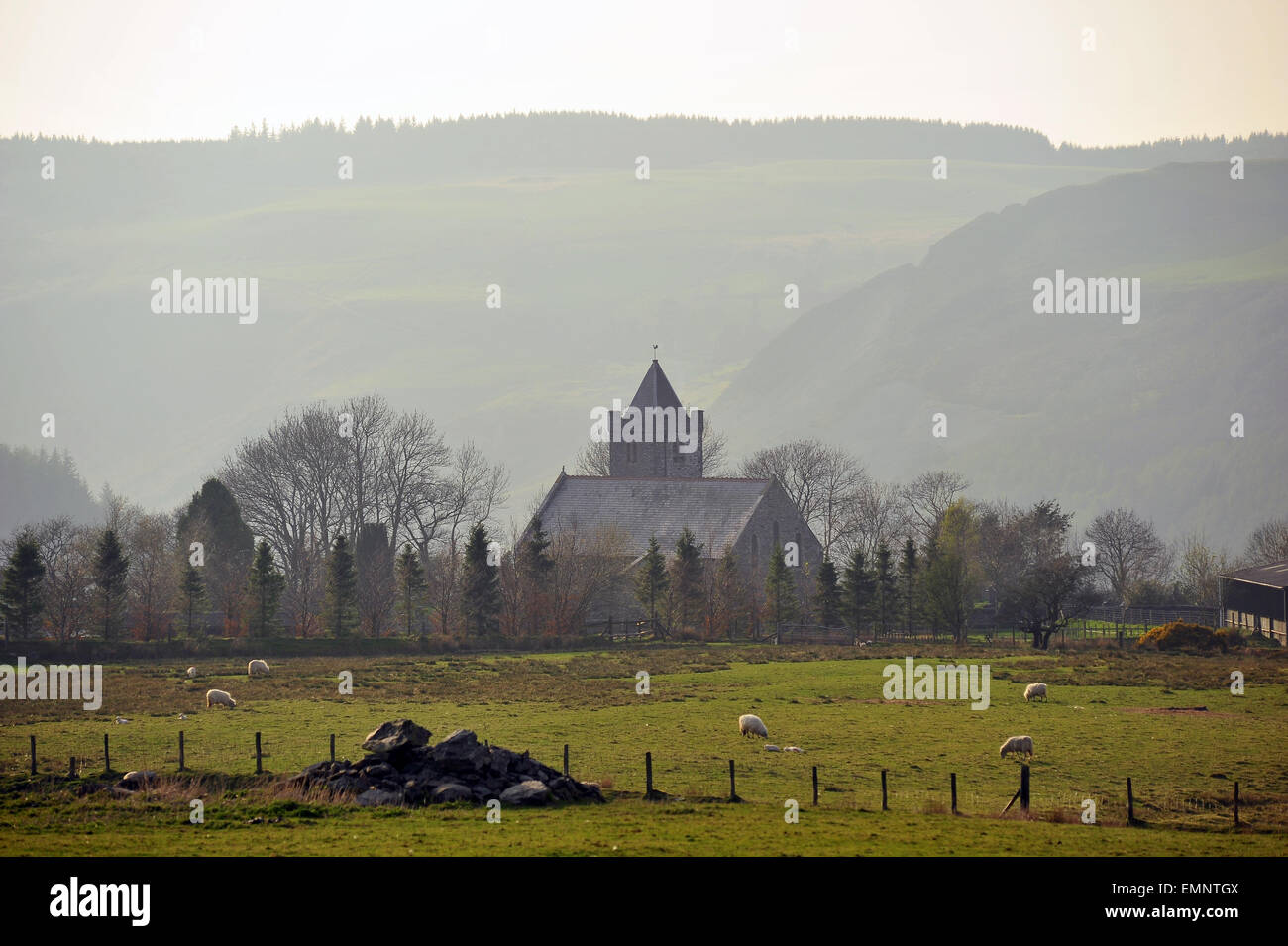 An isolated church nestled between hills in Ysbyty Ystwyth in Mid Wales ...
