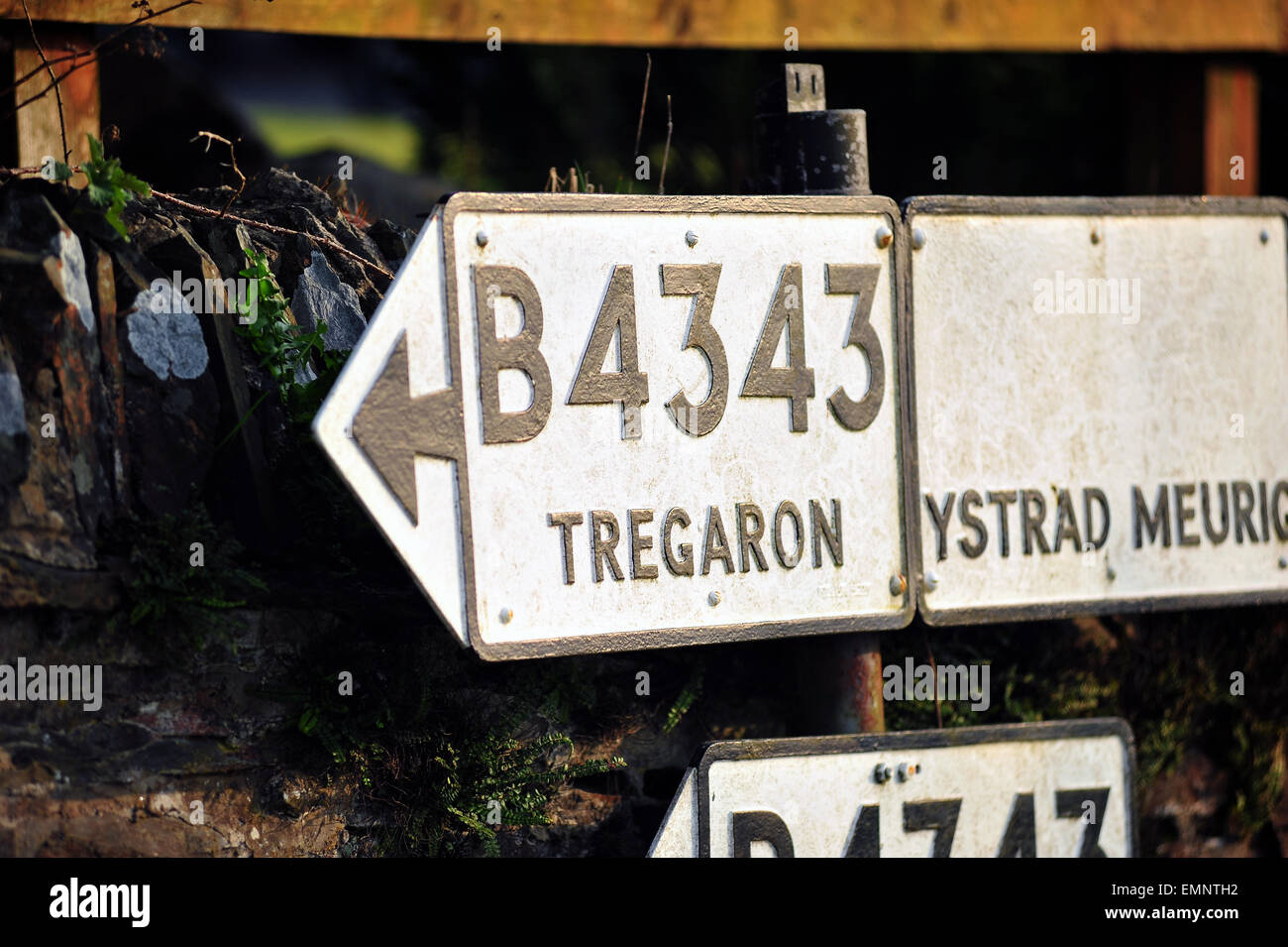 A road sign in Wales directing traffic to Tregaron along the B4343 ...