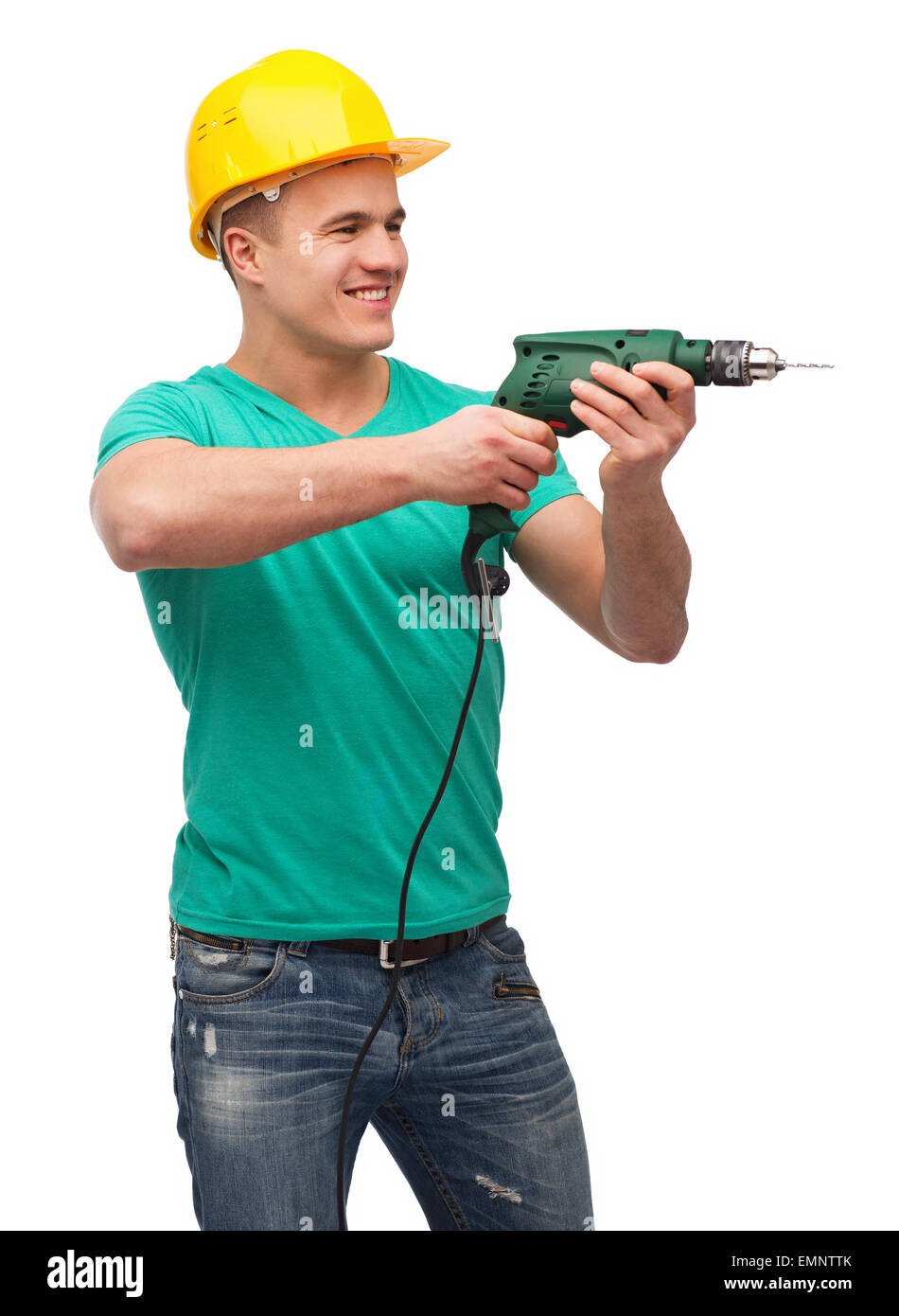 smiling manual worker in helmet with drill machine Stock Photo - Alamy