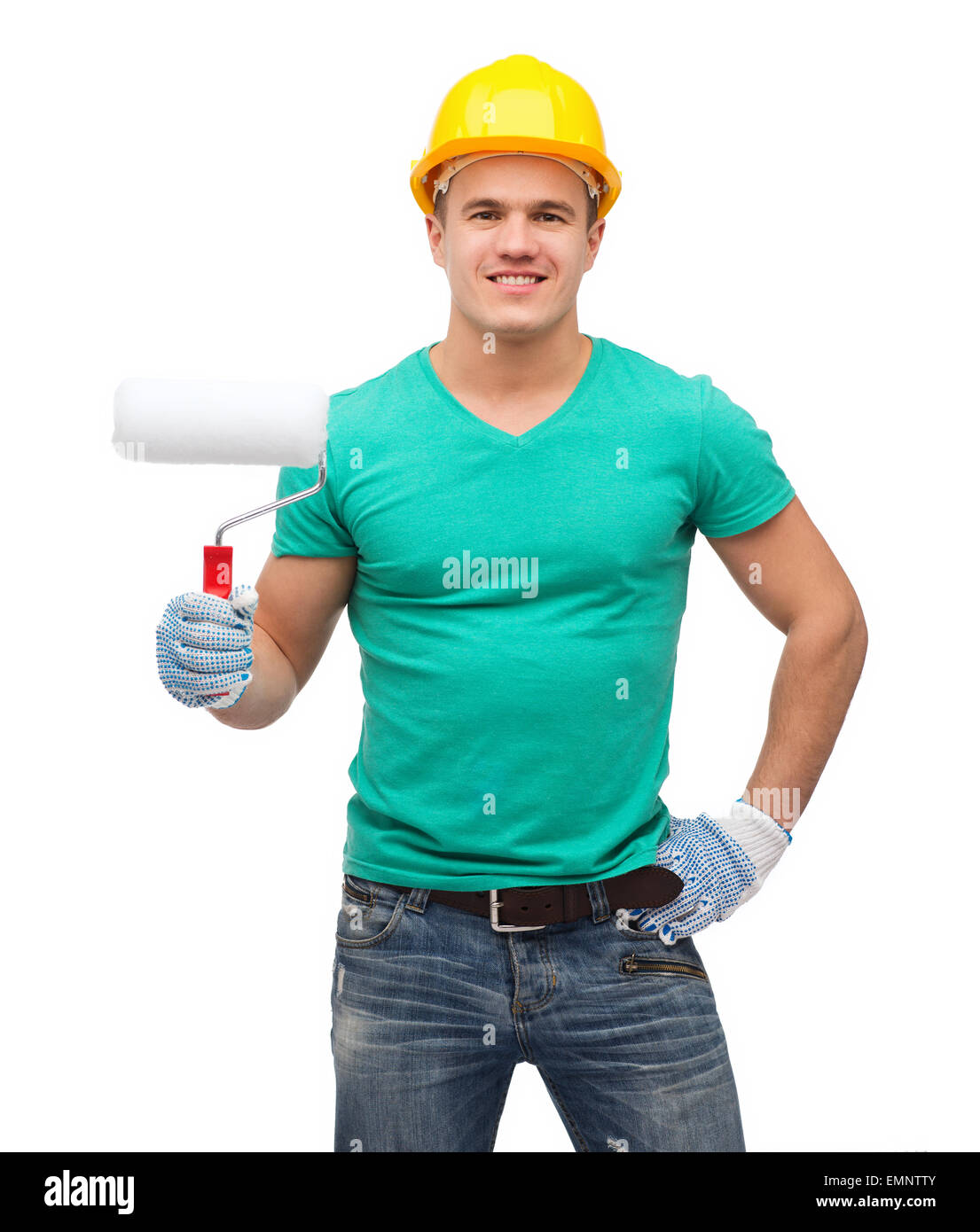 smiling manual worker in helmet with paint roller Stock Photo - Alamy
