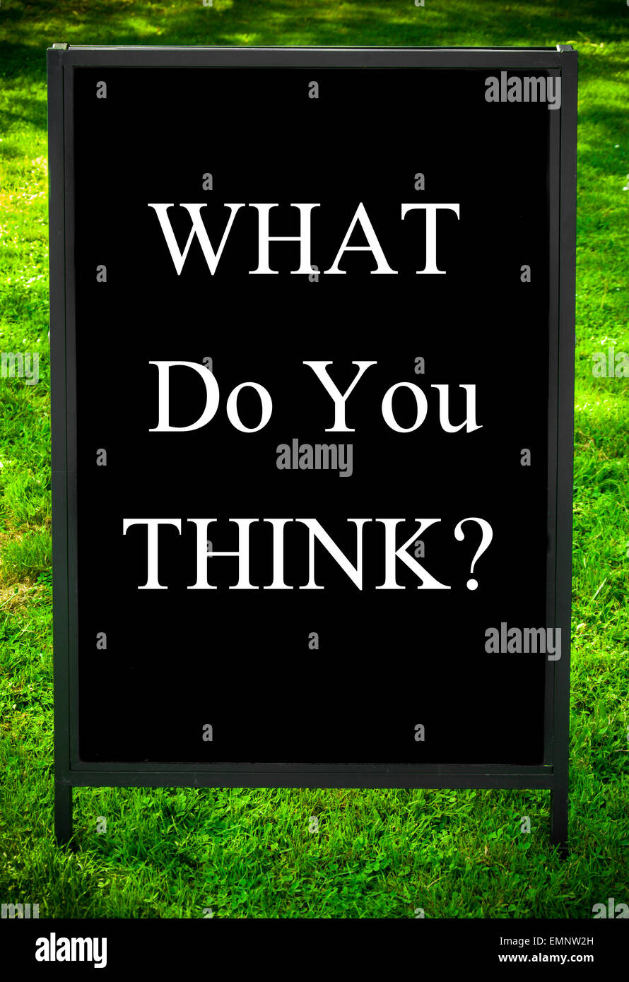 WHAT DO YOU THINK? message on sidewalk blackboard sign against green ...