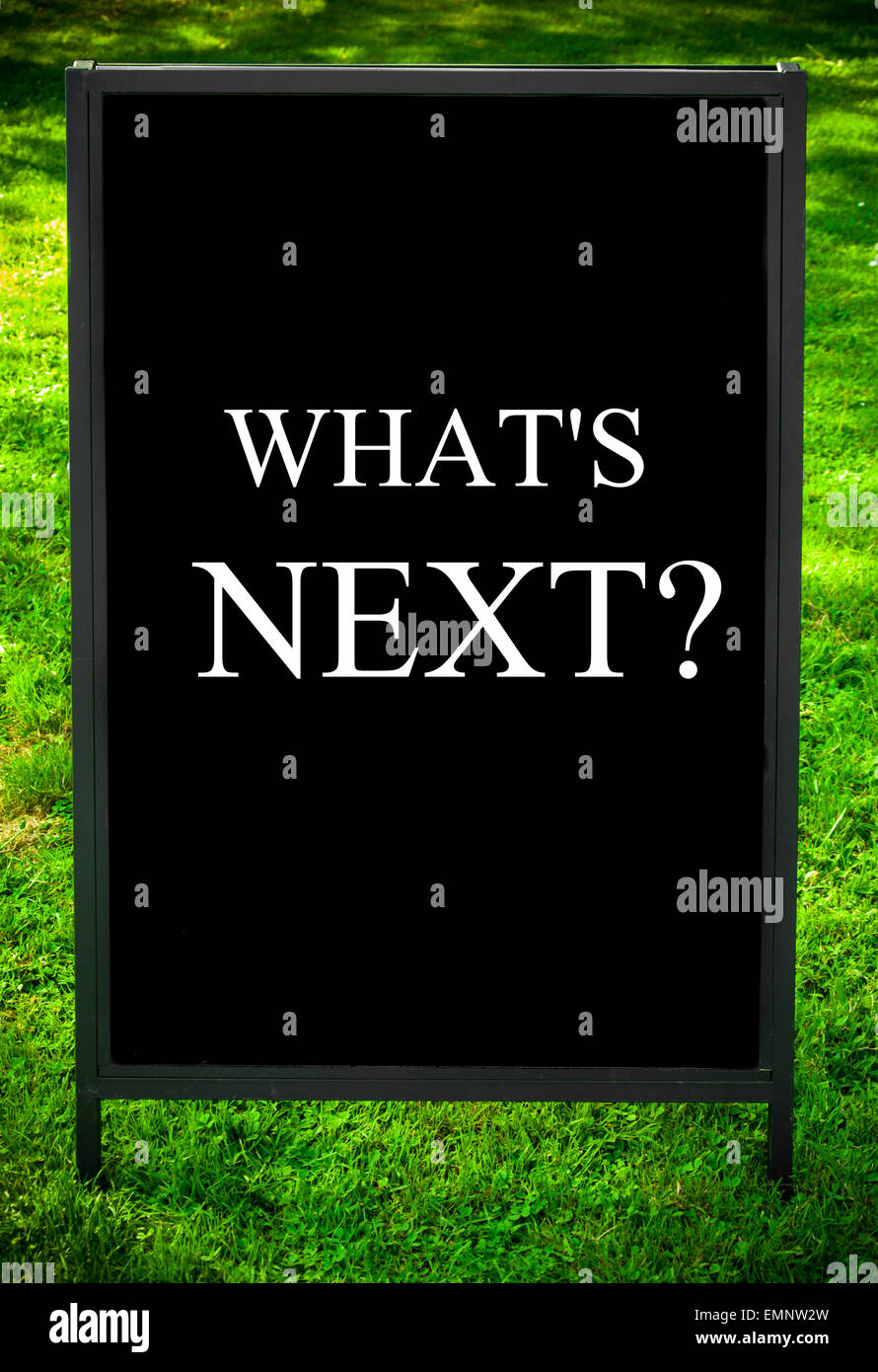 WHAT'S NEXT? message on sidewalk blackboard sign against green grass ...