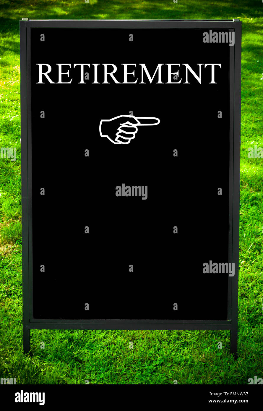 RETIREMENT message and hand pointing to the right on sidewalk ...