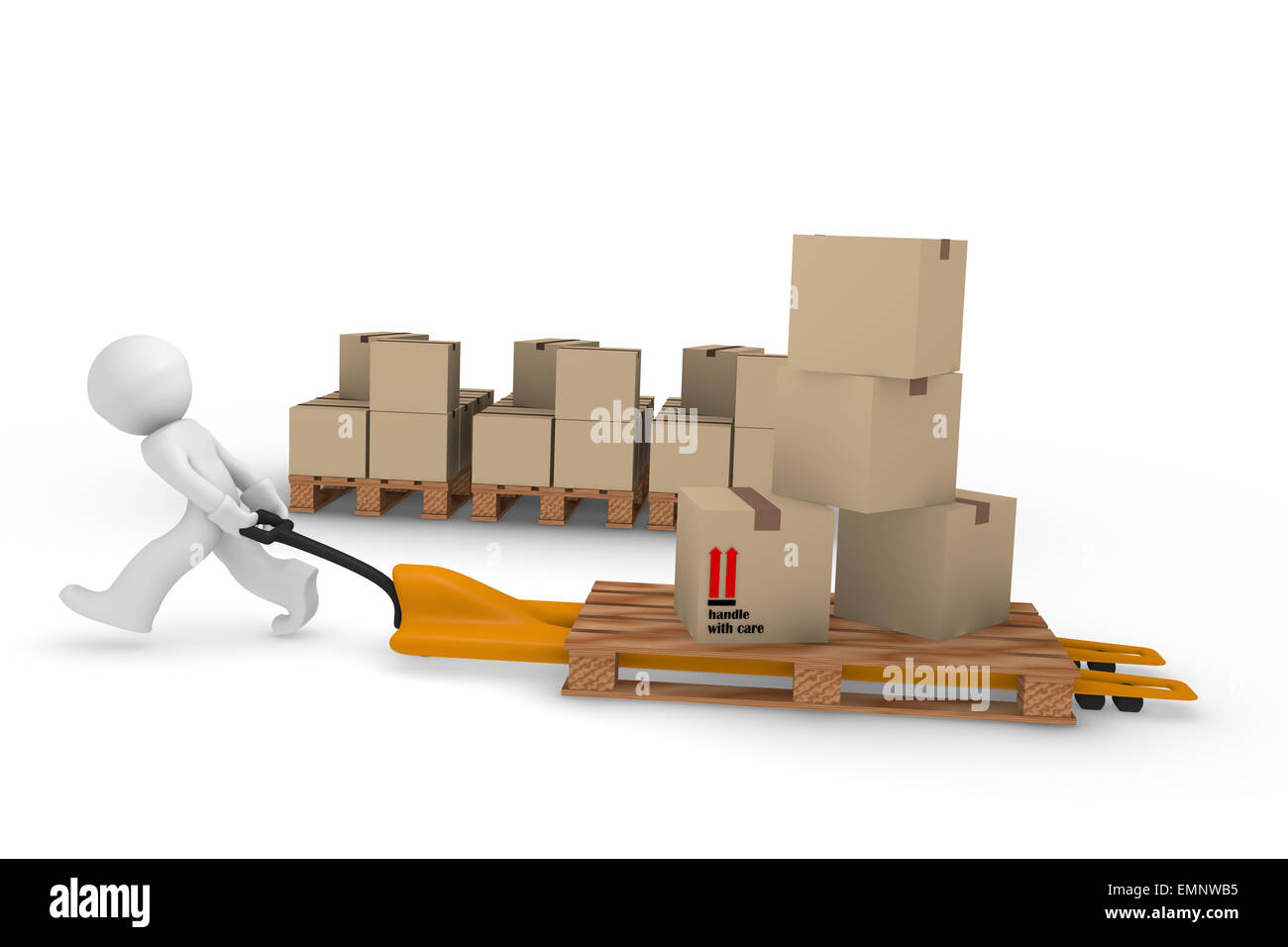3d worker with a lifting cart carrying cardboard boxes Stock Photo - Alamy