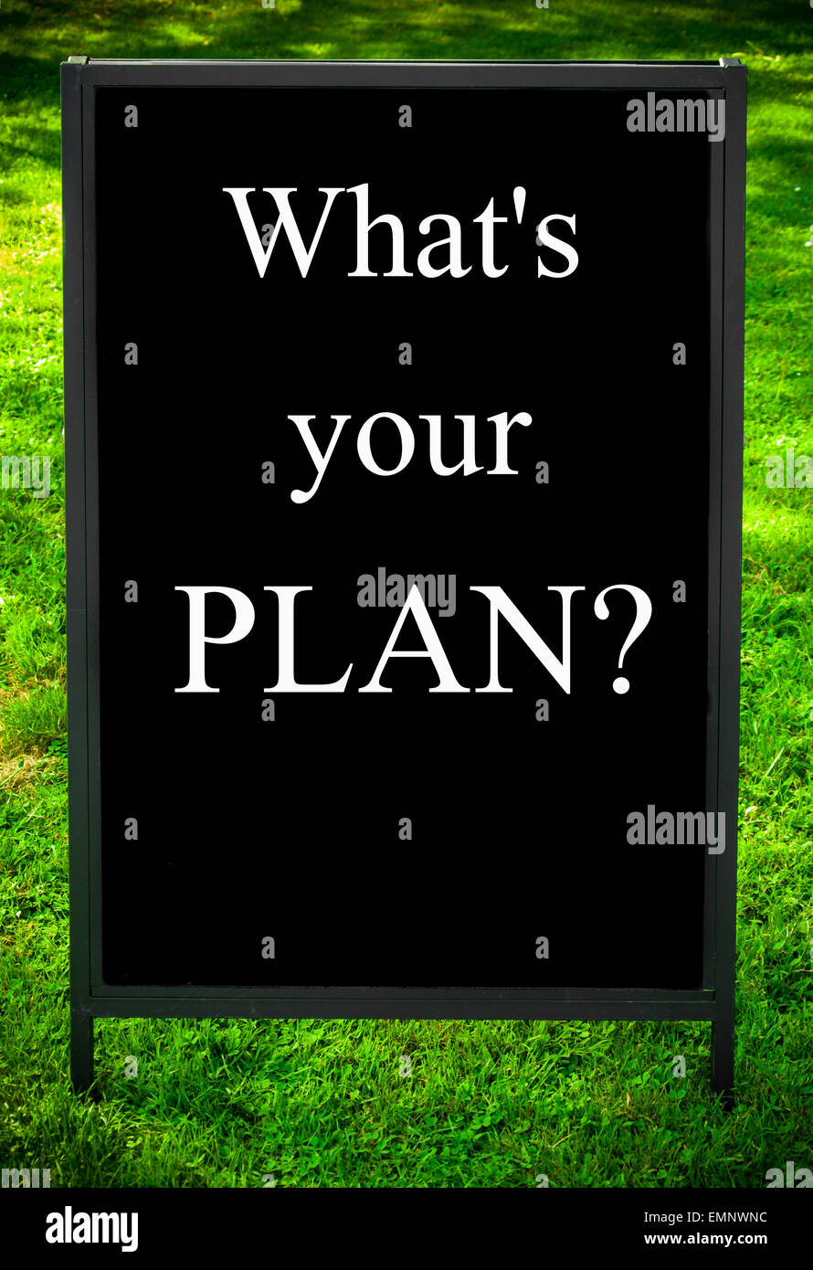 WHAT'S YOUR PLAN? message on sidewalk blackboard sign against green ...