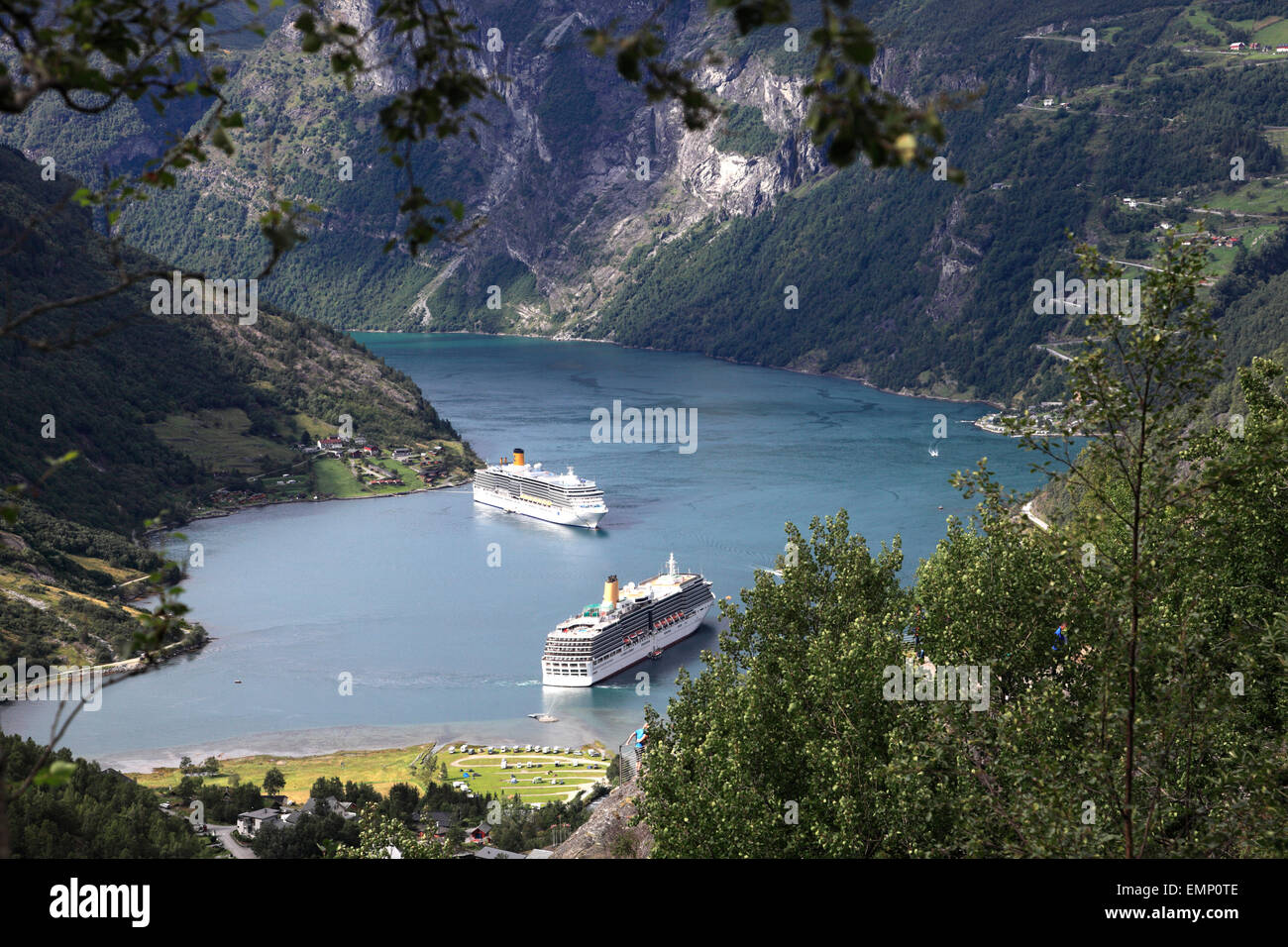View of cruise ships in Geirangerfjord, Geiranger town, UNESCO World ...