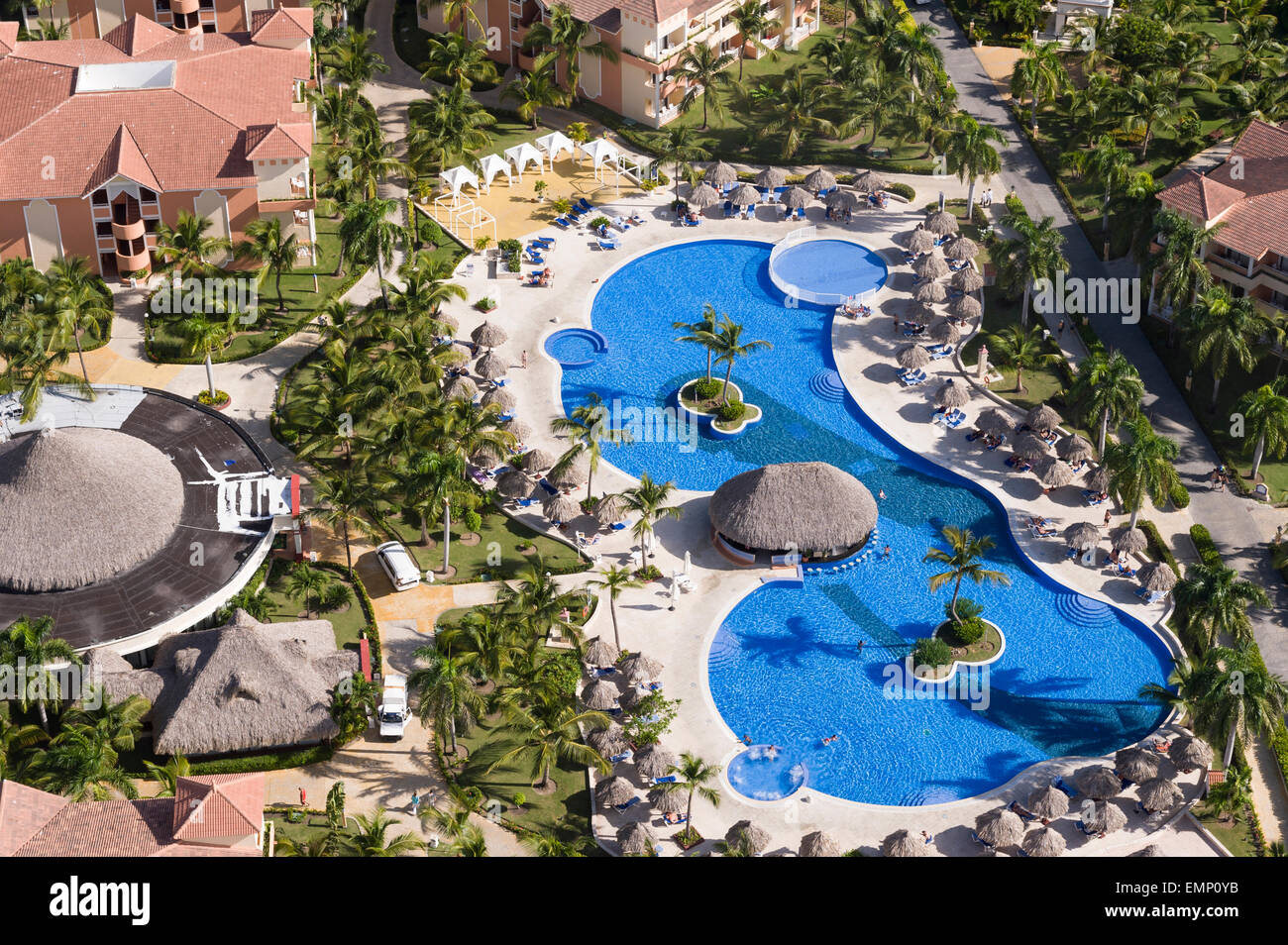 Aerial view of swimming pool in a resort Stock Photo - Alamy