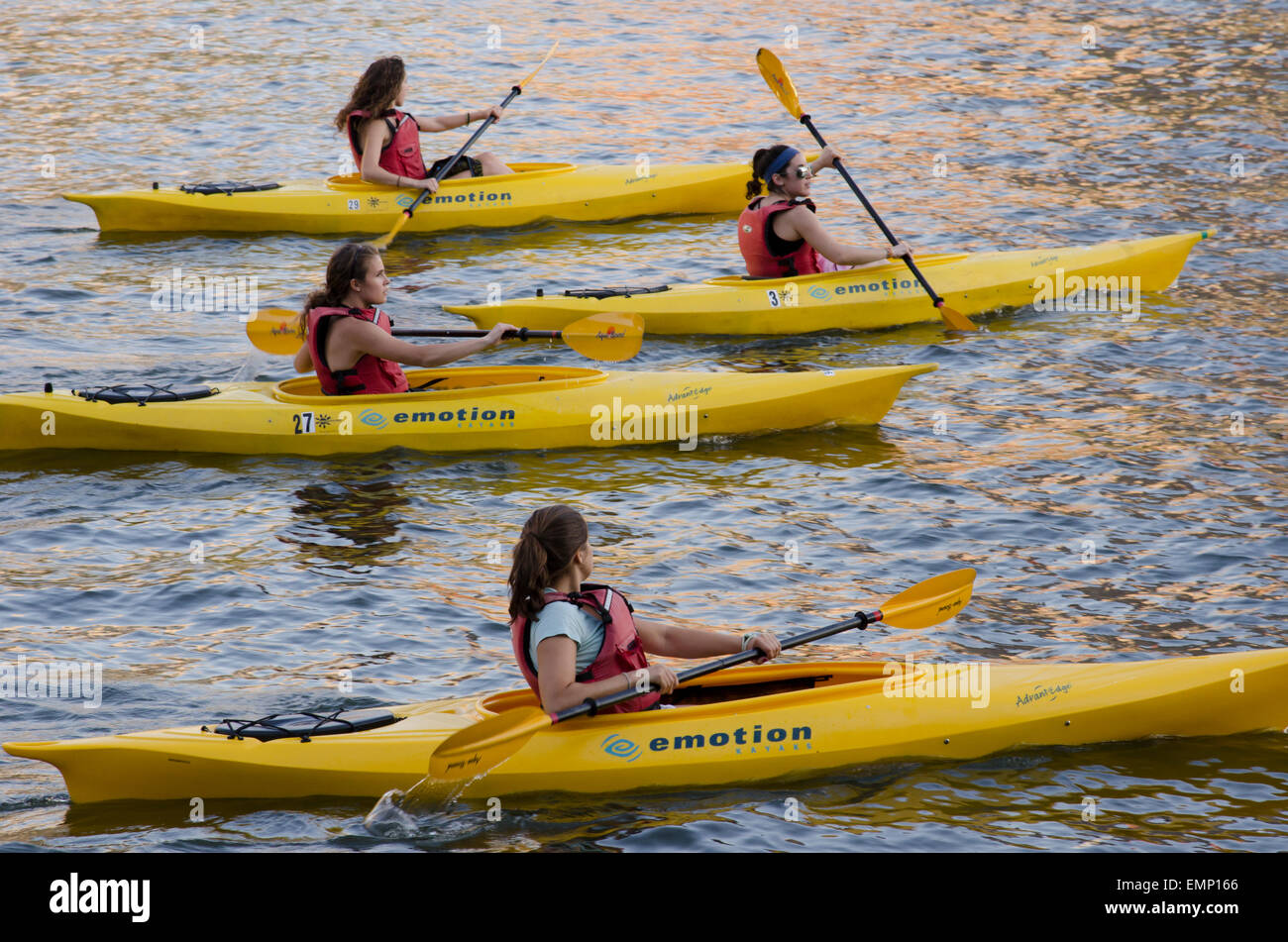 Group of young women kayakers paddling in Allegheny river Pittsburgh ...