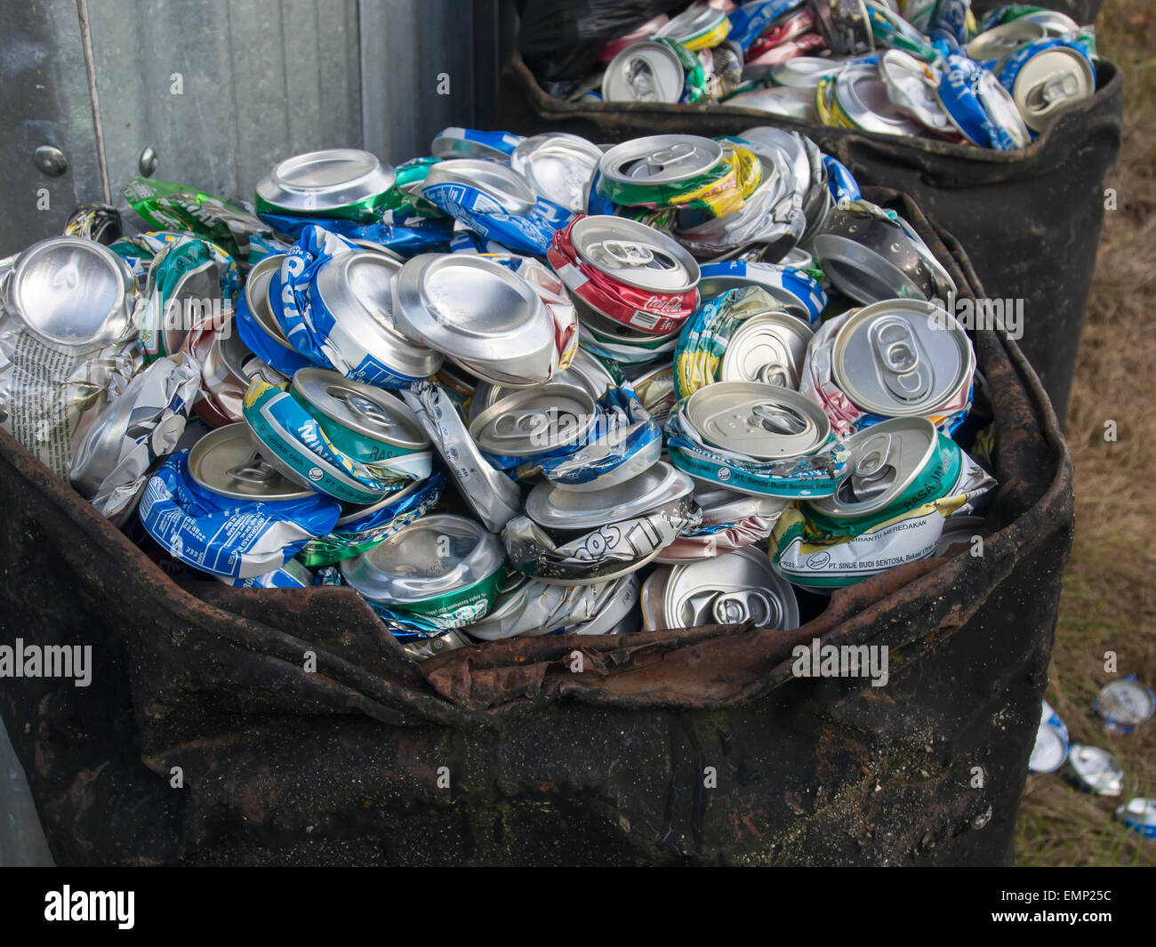 Dekai, Indonesia - January 21, 2015: squeezed aluminium cans in large ...