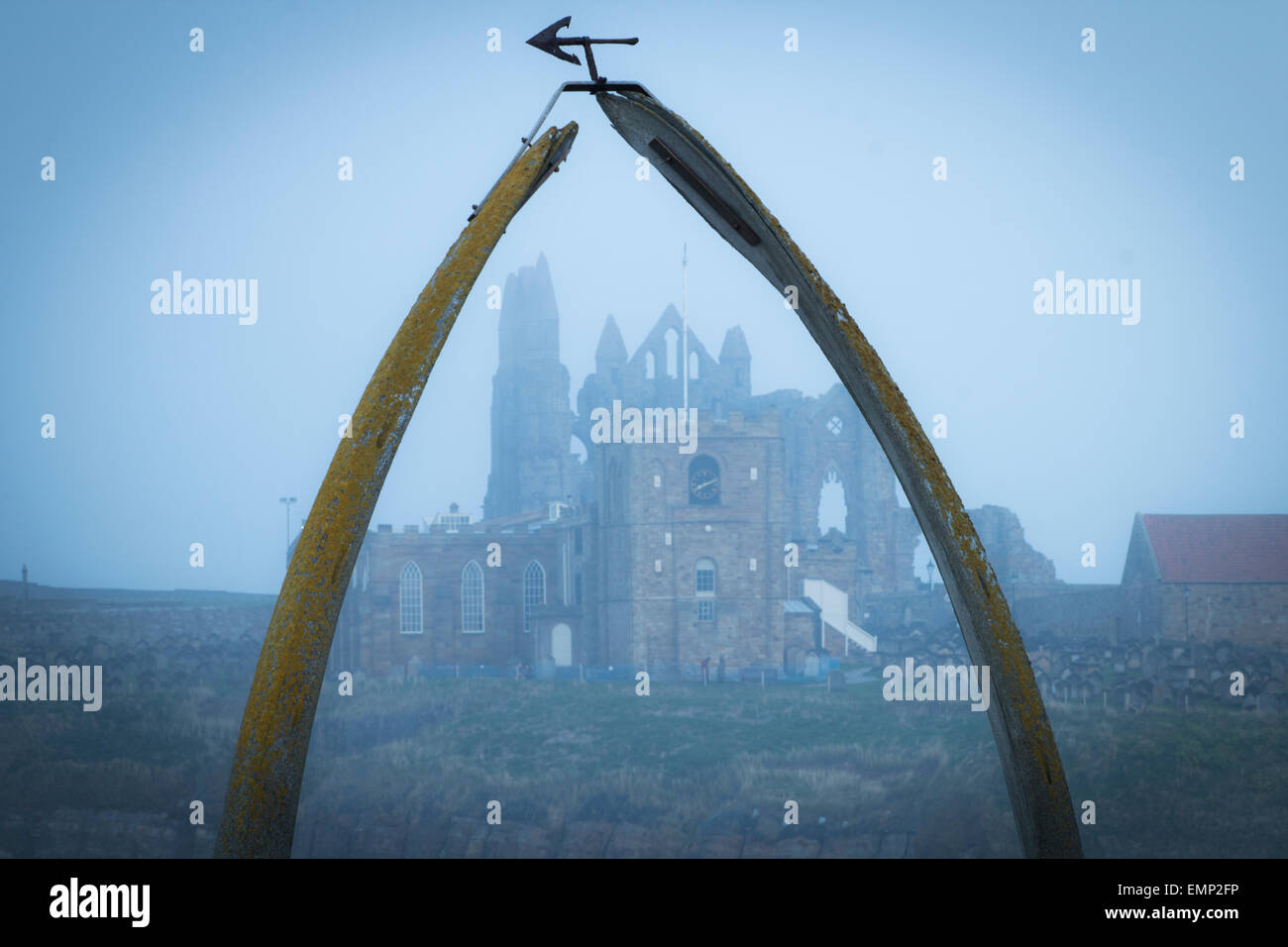 Sea mist rolls in off the North Sea and shrouds Whitby Abbey and St ...