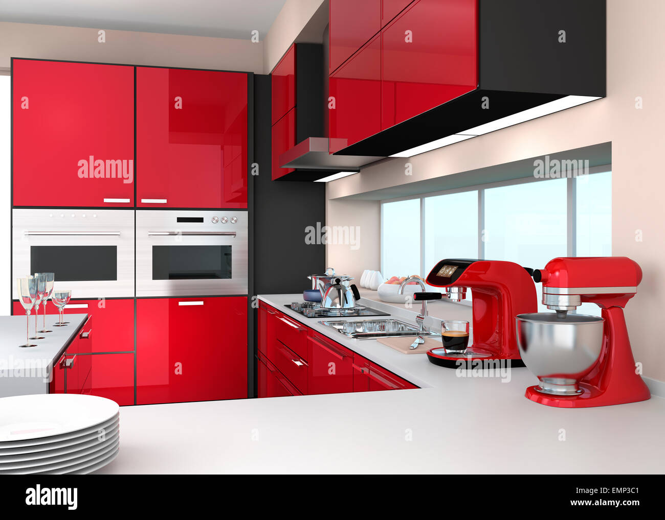 Modern kitchen interior with stylish coffee maker, food mixer Stock ...