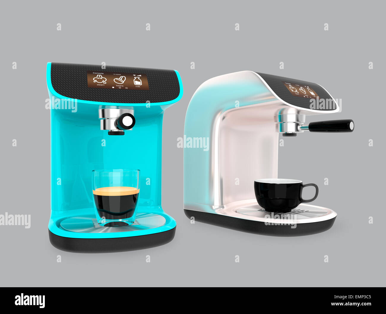 Stylish espresso coffee machines isolated on gray background Stock ...