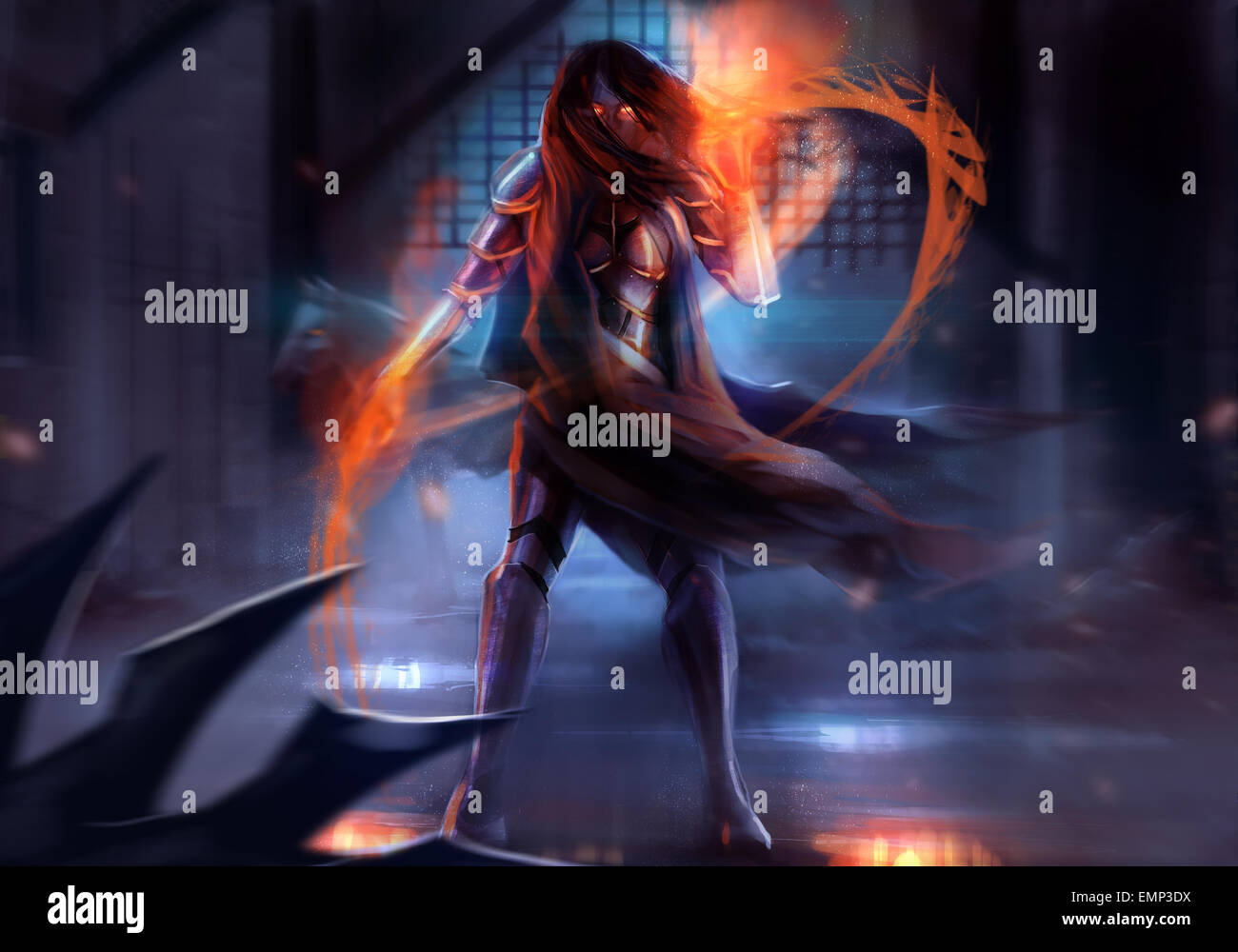 Warrior armored woman. Fantasy warrior woman attack with fire chains ...