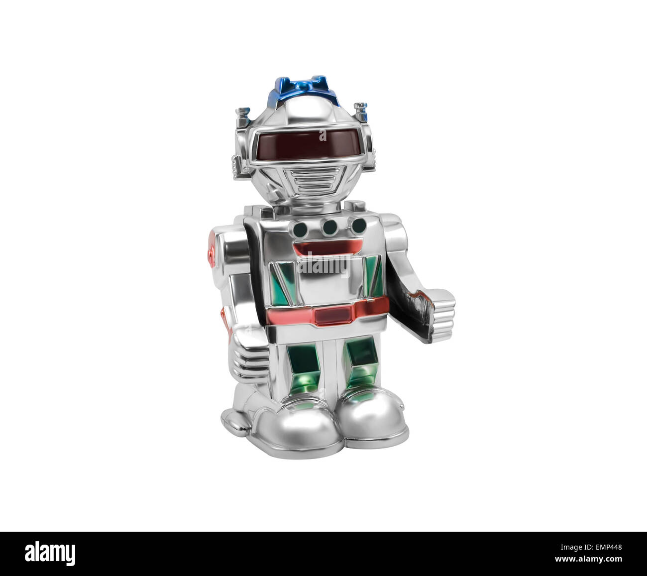 Silver toy robot.Isolated silver toy robot standing on white background ...