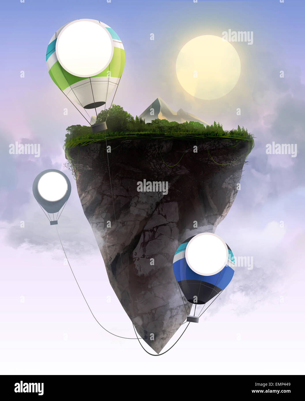 Flying rock with balloons illustration Stock Photo - Alamy