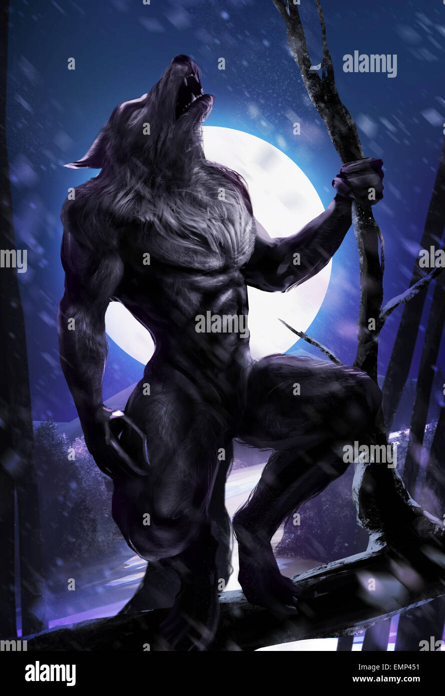 Werewolf howling on a tree Stock Photo - Alamy