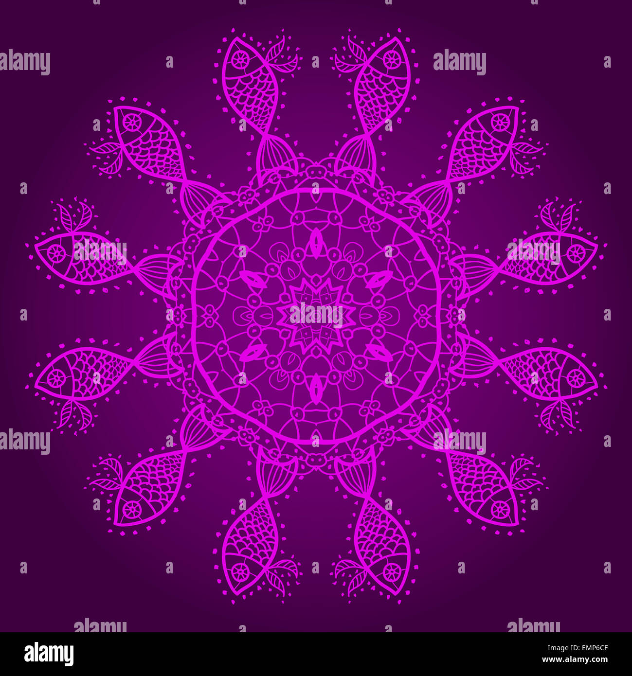 Violet fishes. Oriental mandala motif round lase pattern on the pink ...
