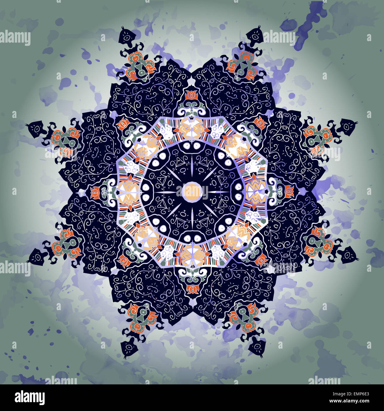 Oriental mandala motif round lase pattern on the yellow background ...