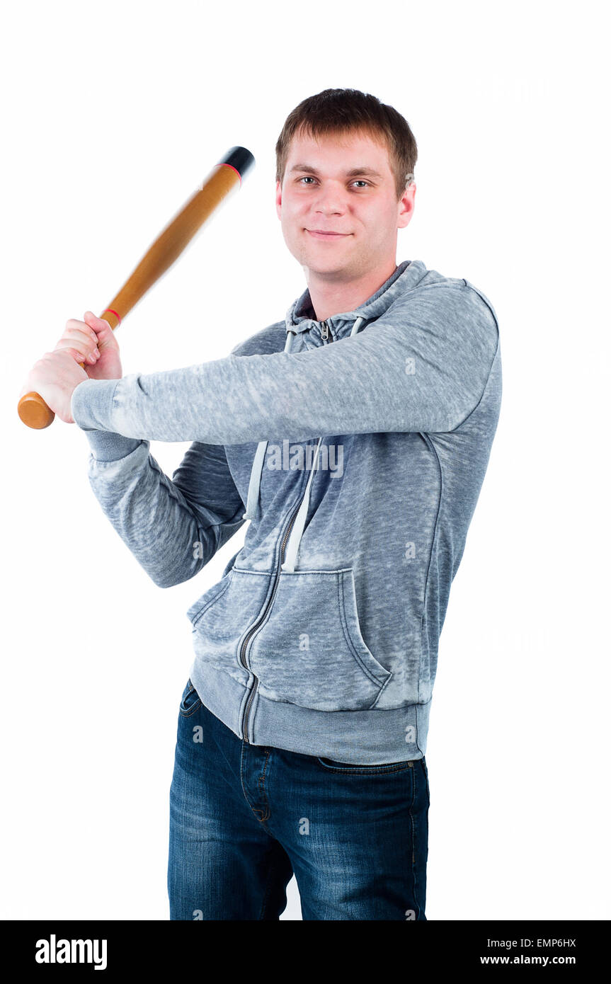 Young man posing with baseball bat on isolation white background Stock ...