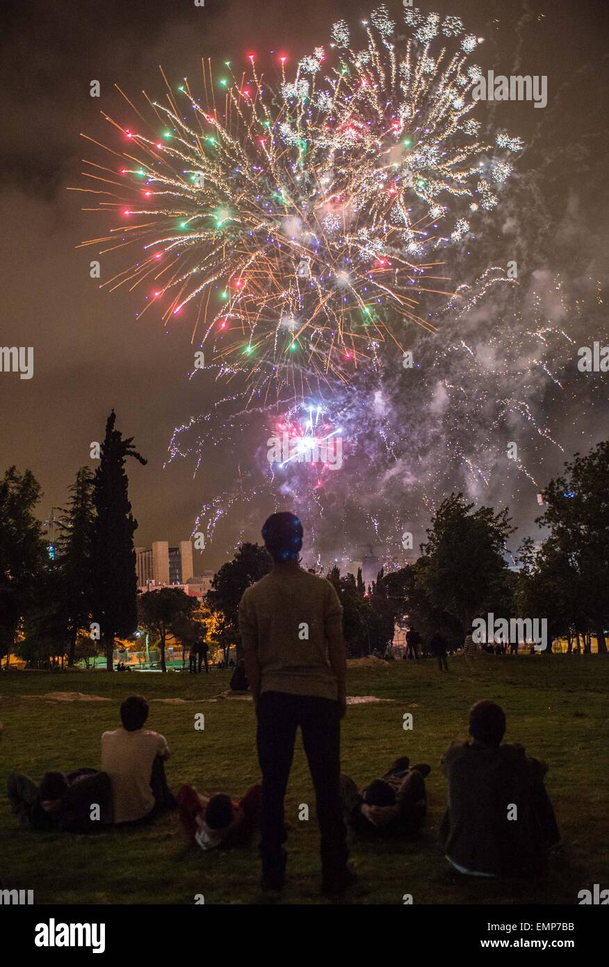 Jerusalem. 22nd Apr, 2015. People watch fireworks during a celebration ...