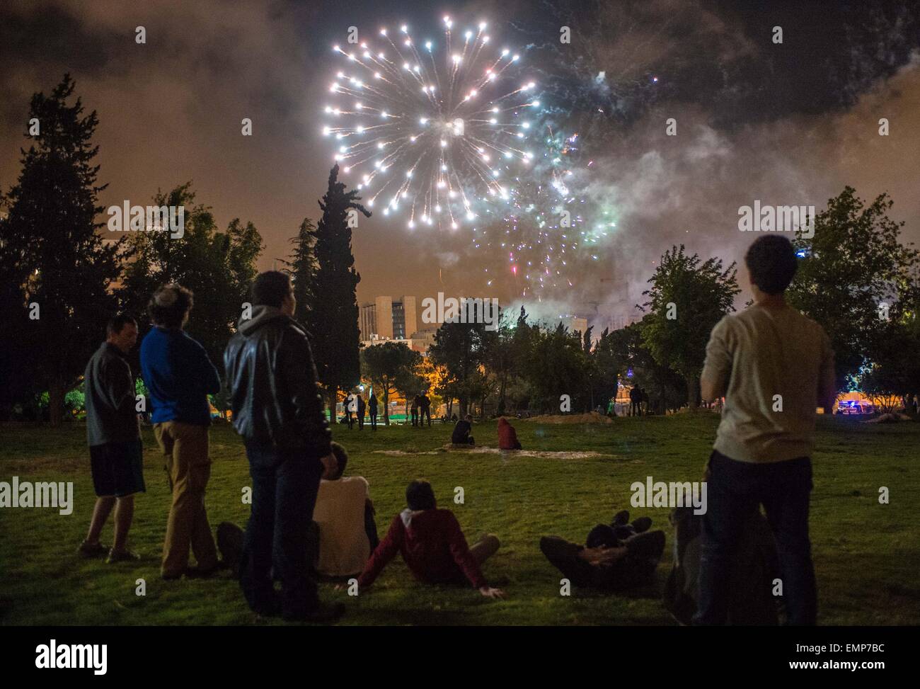 Jerusalem. 22nd Apr, 2015. People watch fireworks during a celebration ...