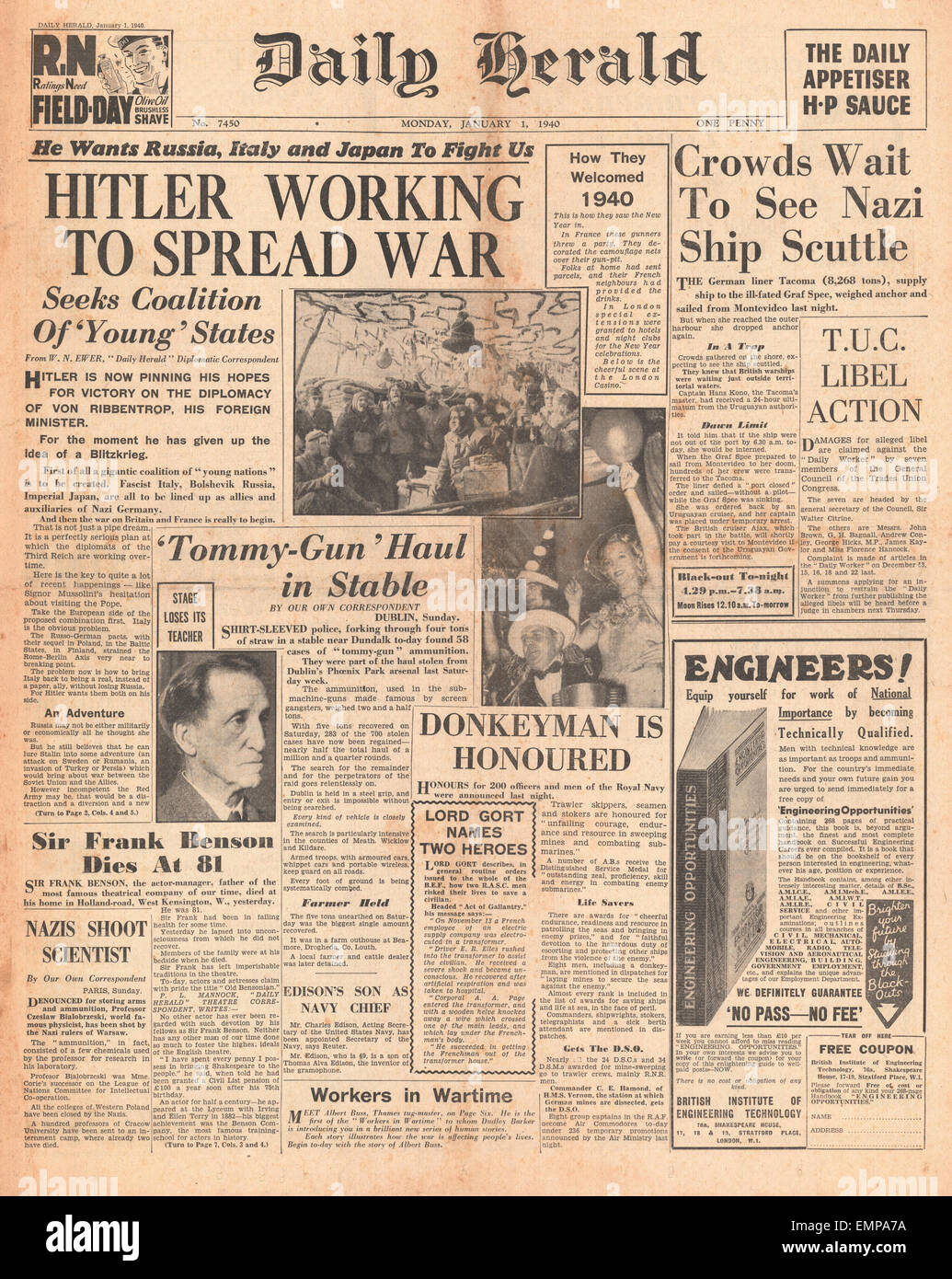 1940 Daily Herald front page Hitler seeks more Allies Stock Photo - Alamy