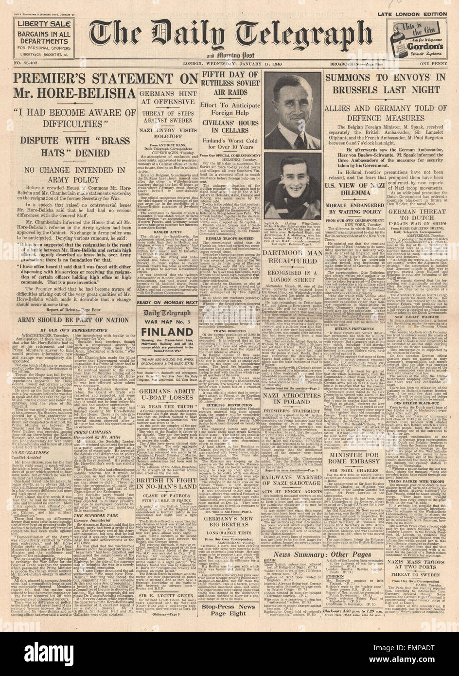 1940 front page Daily Telegraph Prime Minister statement on Hoare ...