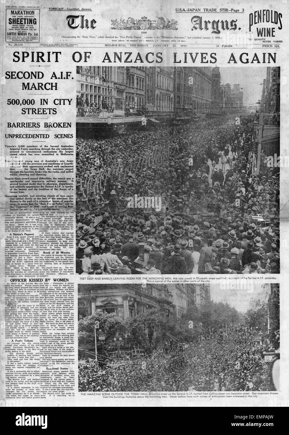 1940 front page The Argus (Melbourne) Australian Troops March Through ...