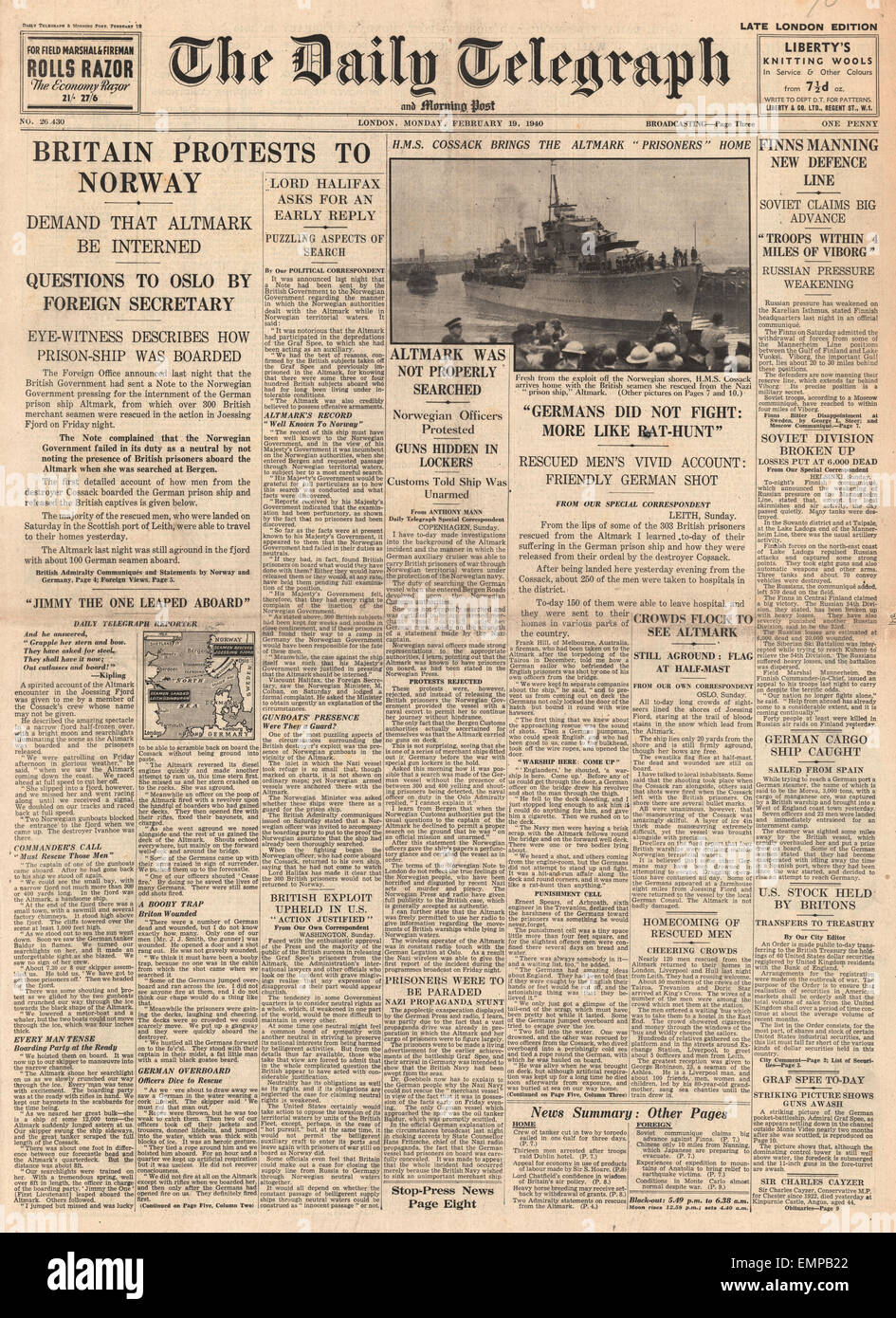 1940 front page Daily Telegraph Britain protests to Norway over the ...