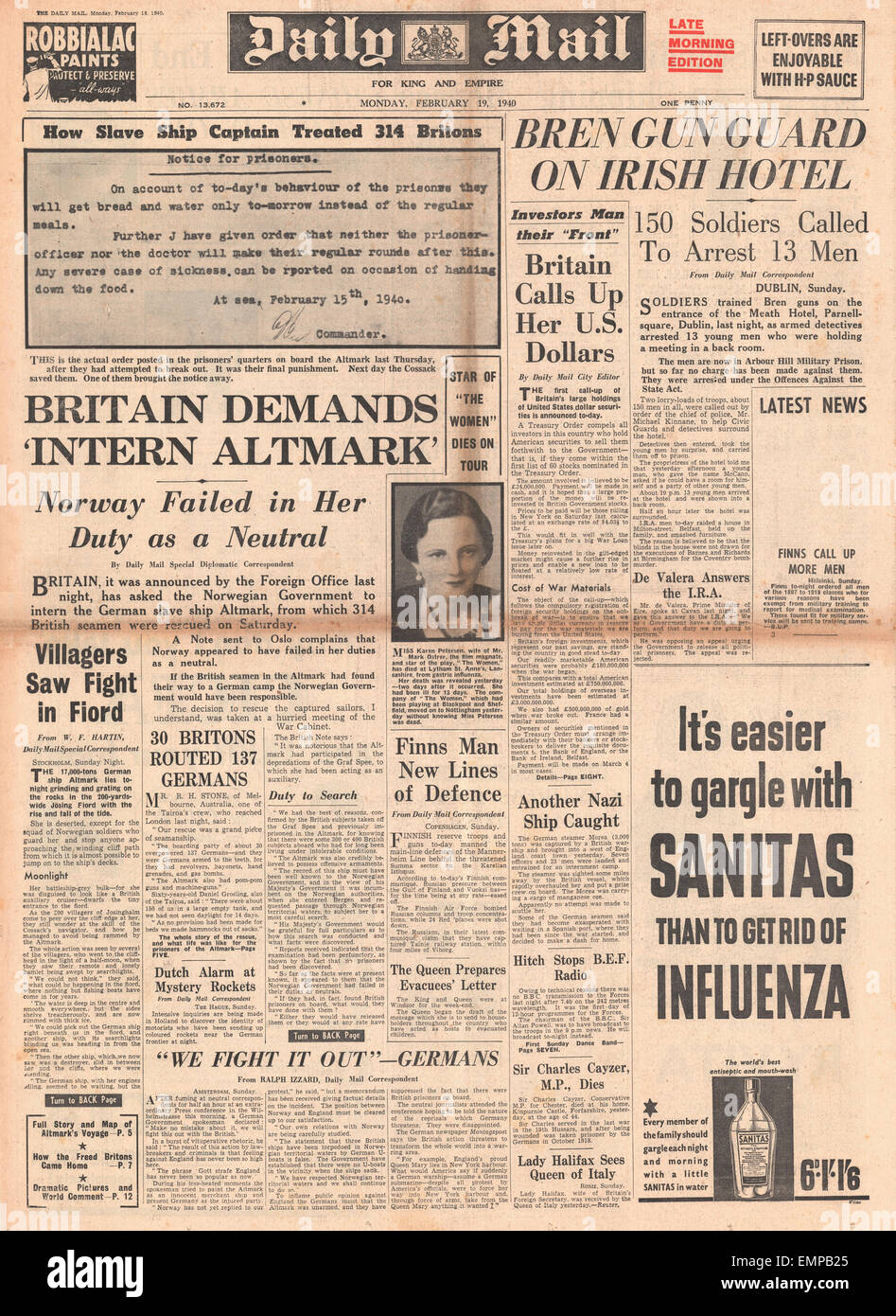 1940 front page Daily Mail Britain protests to Norway over the Altmark ...