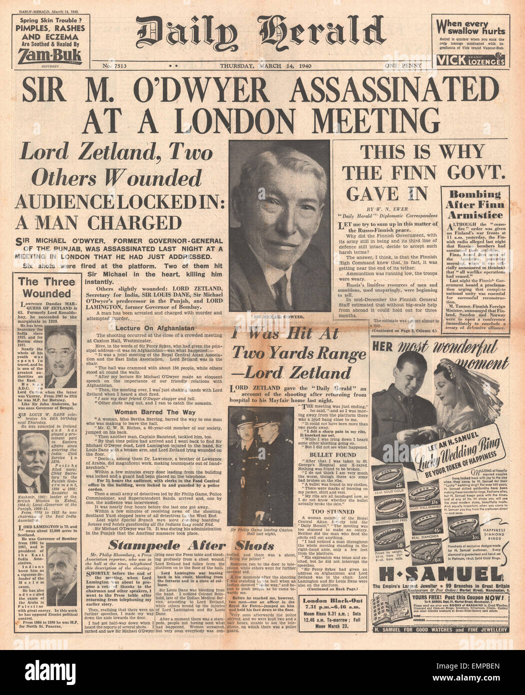 1940 front page Daily Herald Assassination of former Govenor General of ...