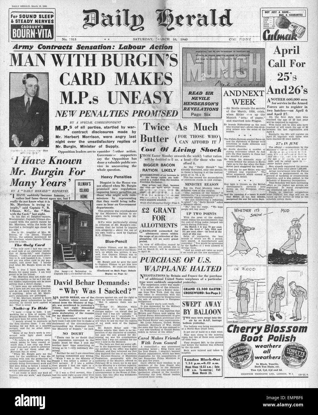 1940 front page Daily Herald Criticism of Mr Bergin, Minister of Supply ...