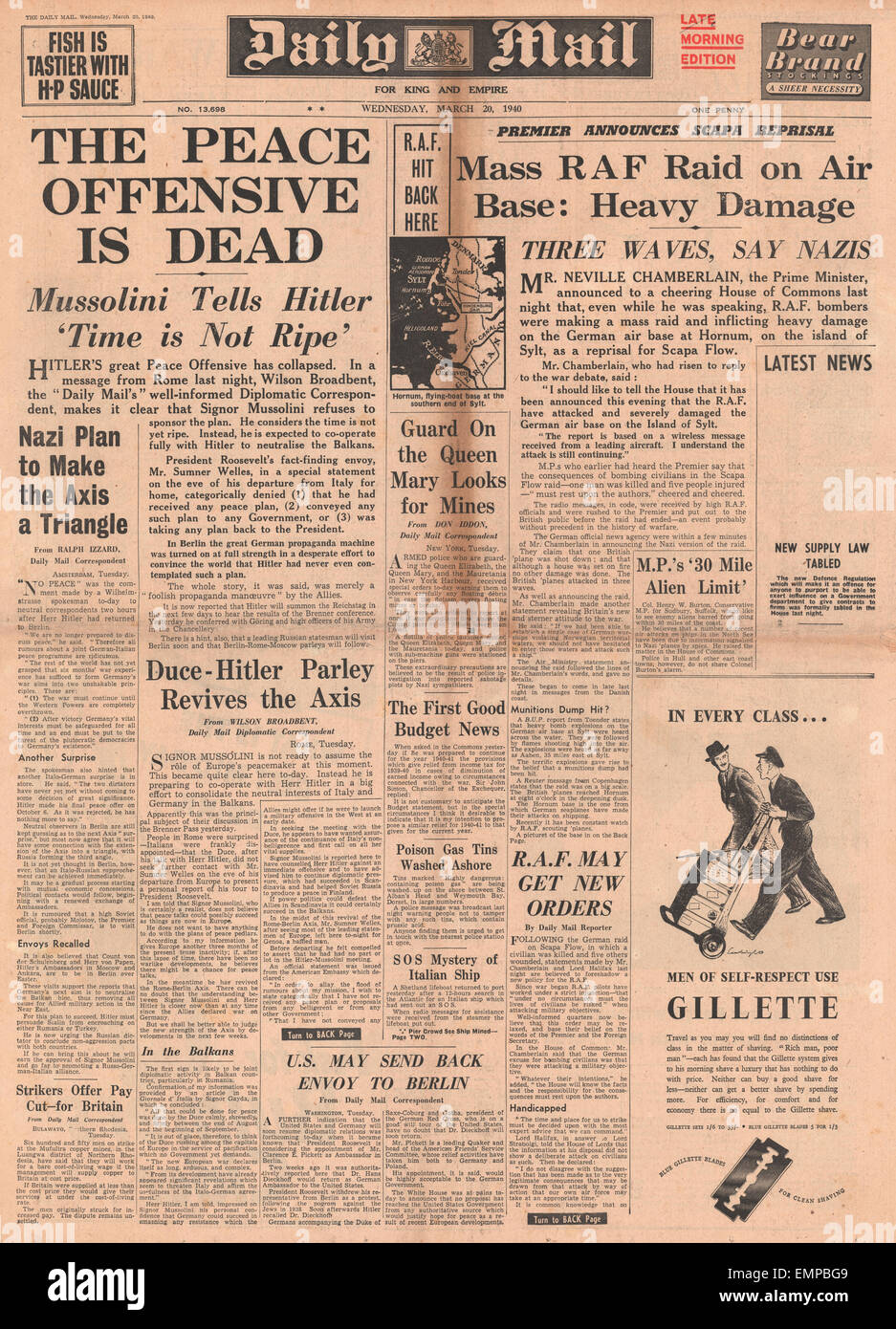 1940 front page Daily Mail RAF Bomb German Island of Sylt Hitler's ...